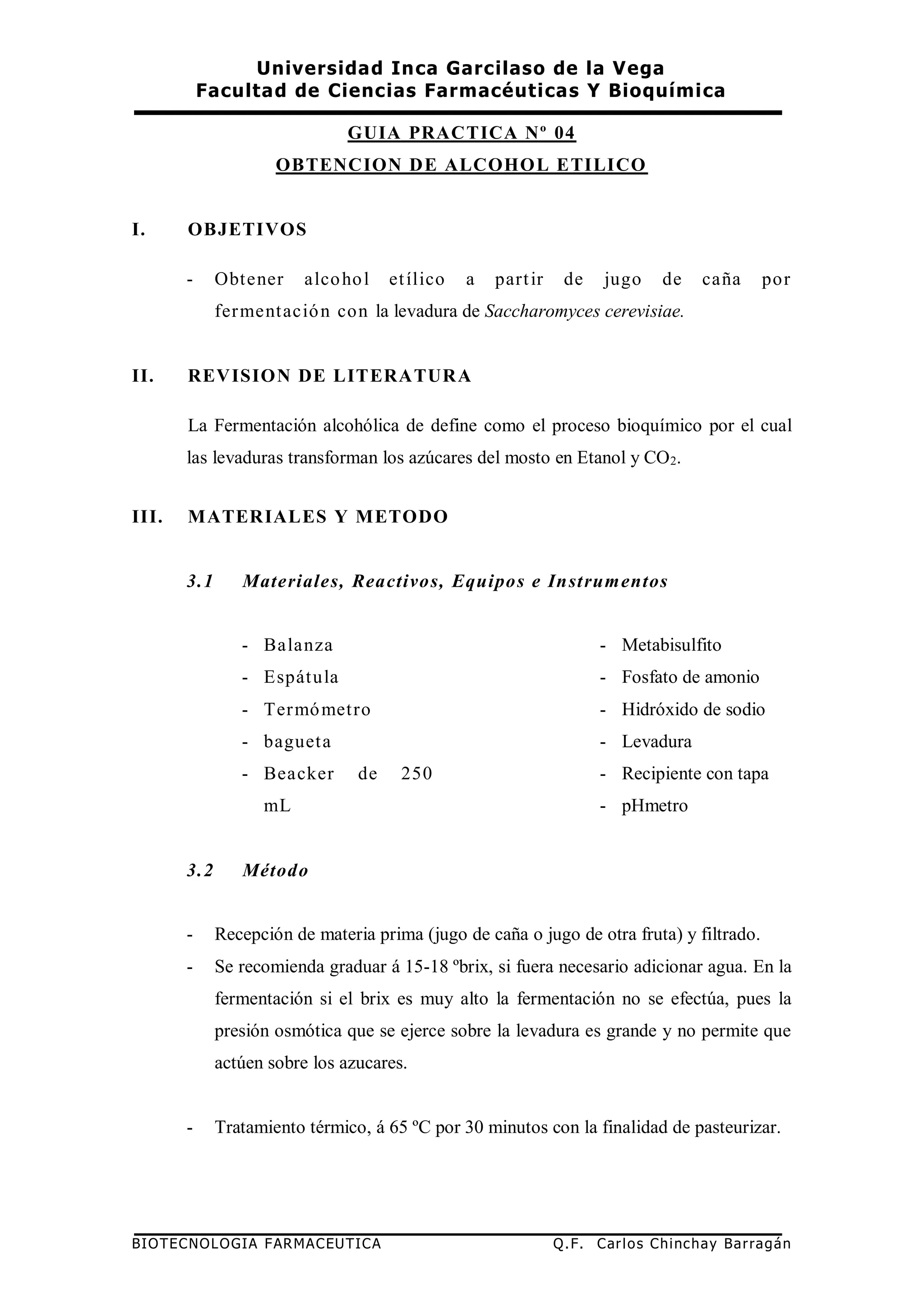 LABORATORIO #3-OBTENCION DE ALCOHOL ETILICO (FERMENTACION DIRECTA) | PDF