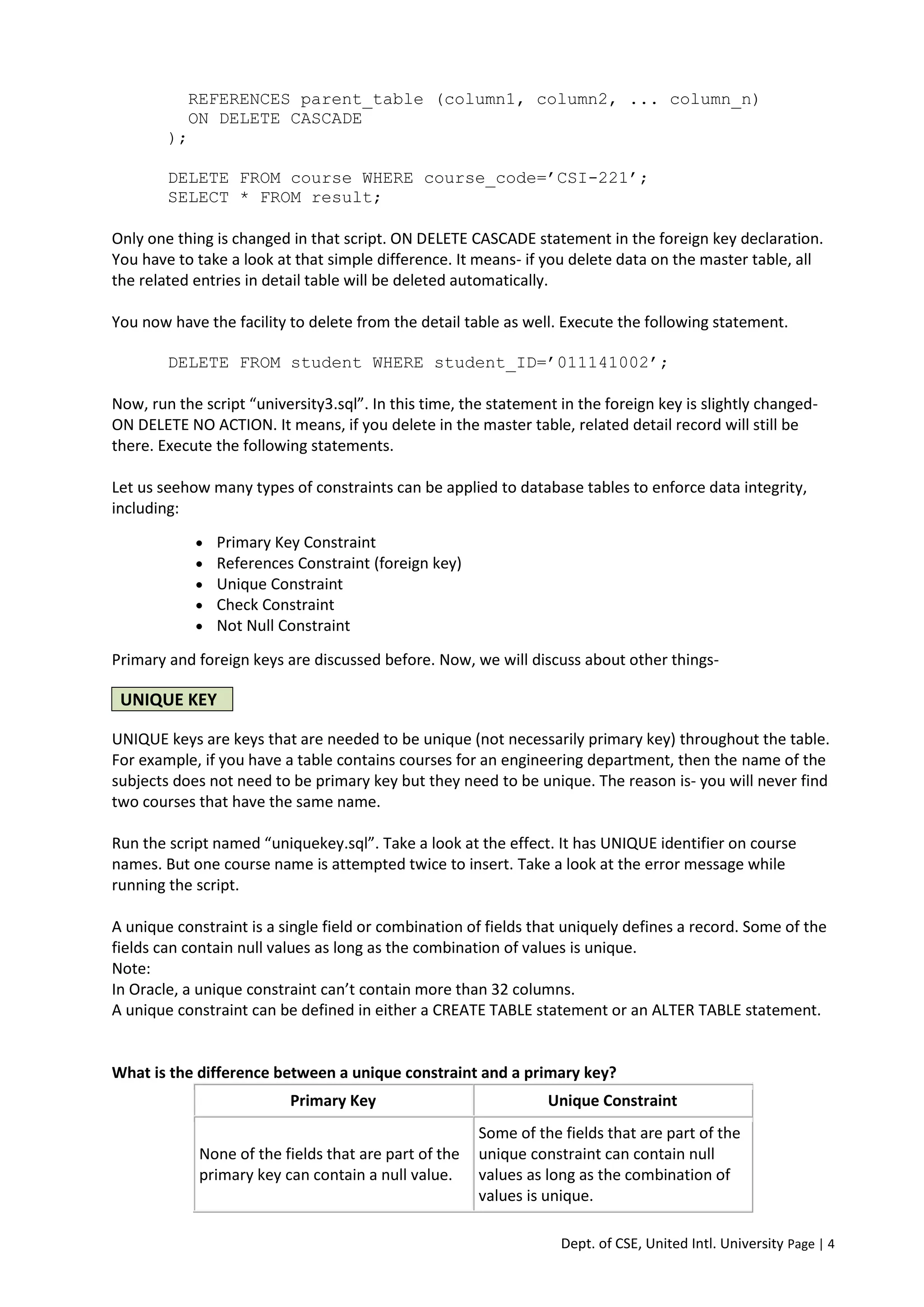 RDBMS Lab03 applying constraints (UIU) | PDF