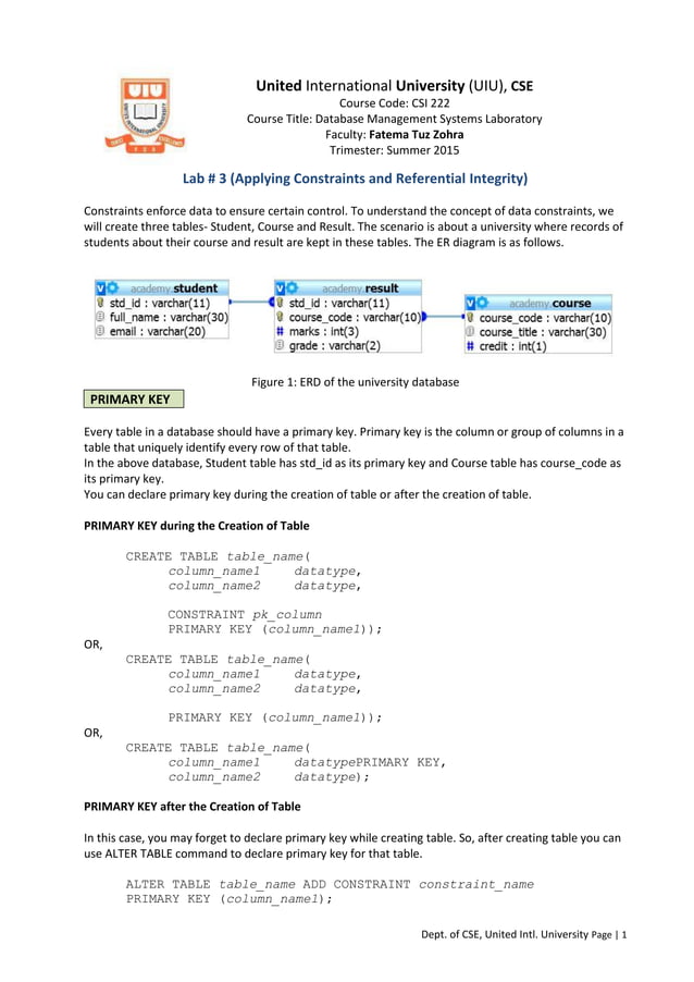 RDBMS Lab03 applying constraints (UIU) | PDF