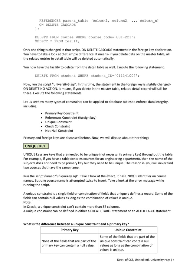 RDBMS Lab03 applying constraints (UIU) | PDF
