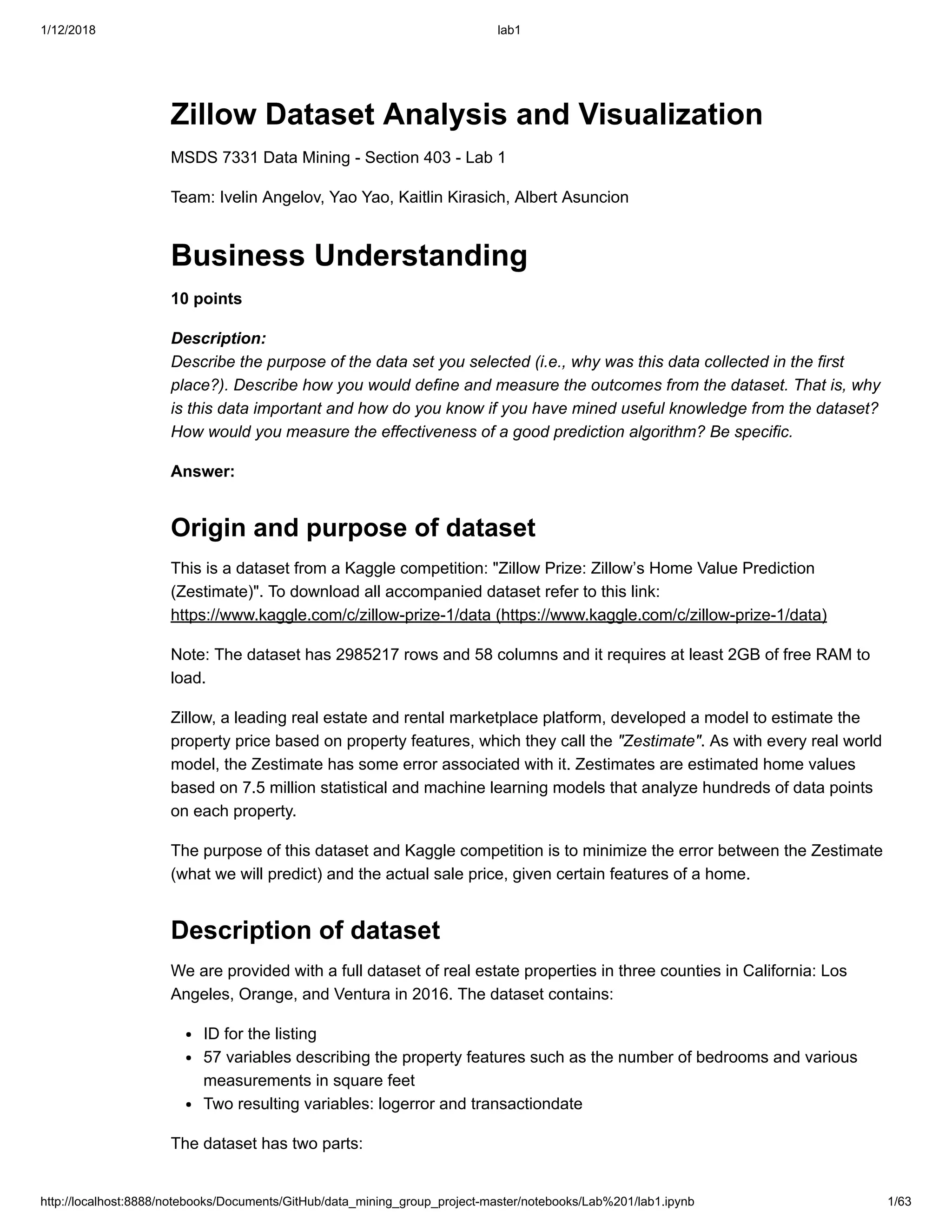Lab 1: Data cleaning, exploration, removal of outliers, Correlation of Continuous Variables and ...