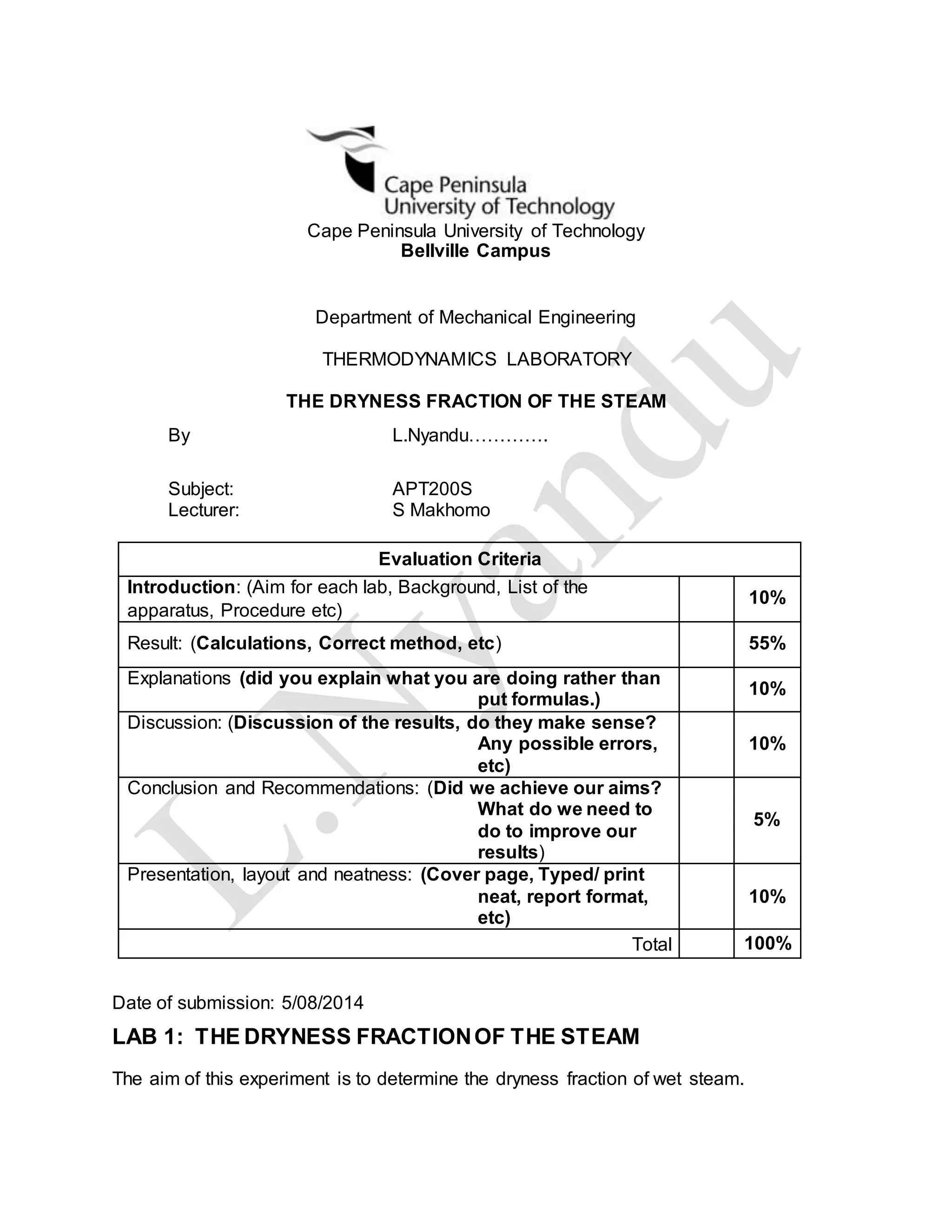 Lab 1 the dryness fraction of the steam(mech) | DOCX