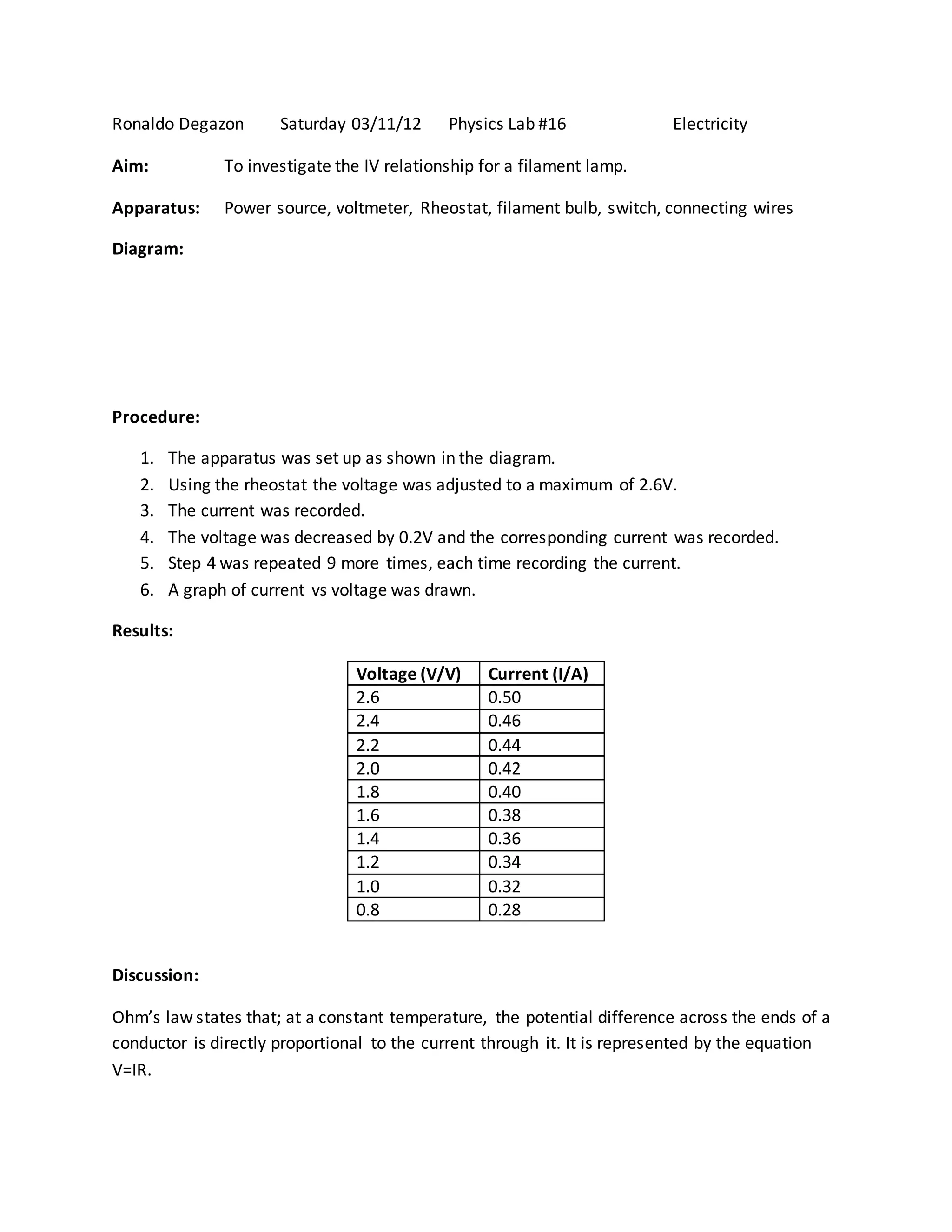 CSEC Physics Lab - IV Relationship of a filament lamp | DOCX