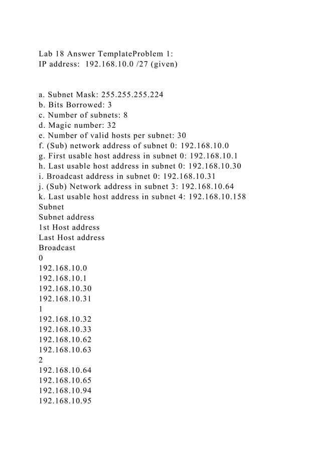 Lab 18 Answer TemplateProblem 1IP address 192.168.10.0 27 (giv.docx