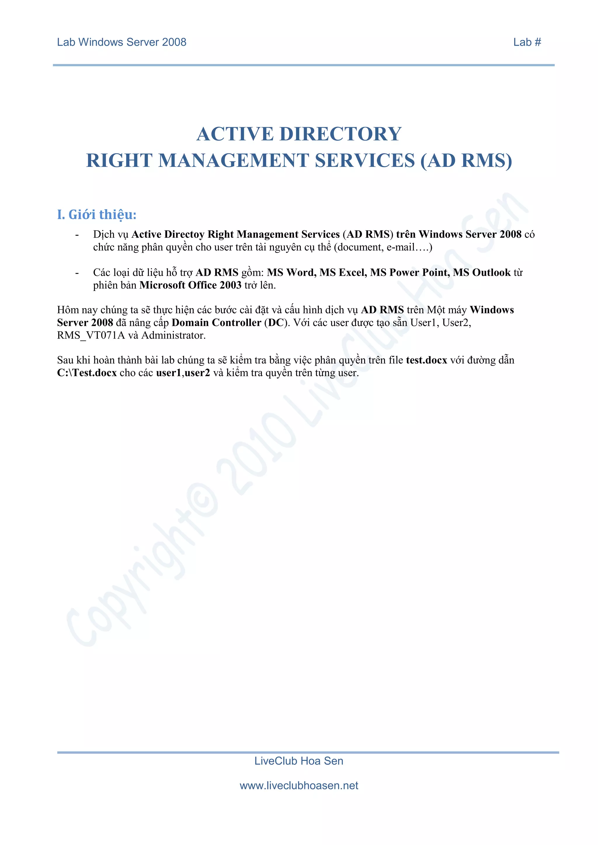 Lab 20 active directory right managment services (ad rms) | PDF