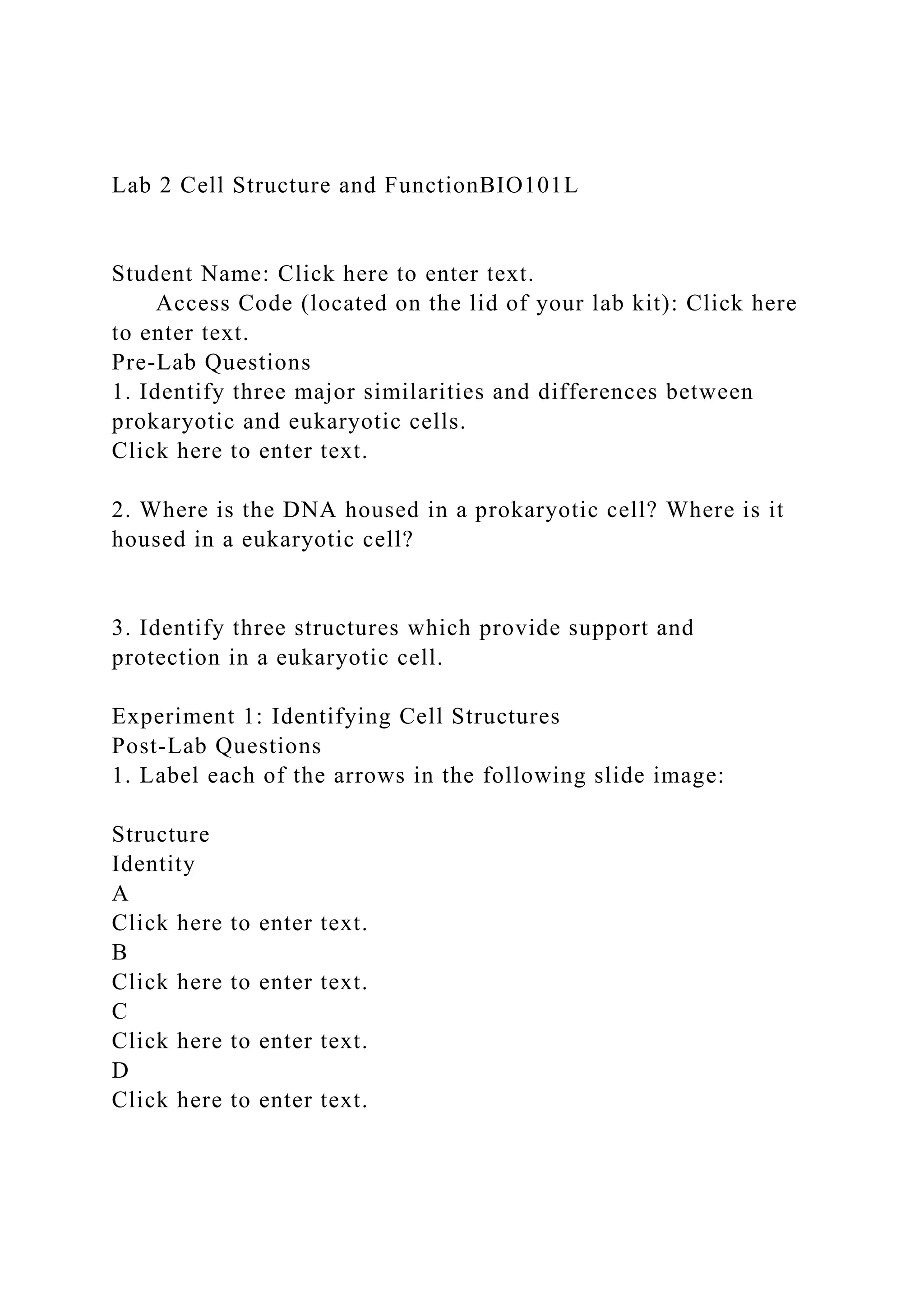 Lab 2 Cell Structure and FunctionBIO101LStudent Name Click.docx | Biological Sciences | Science