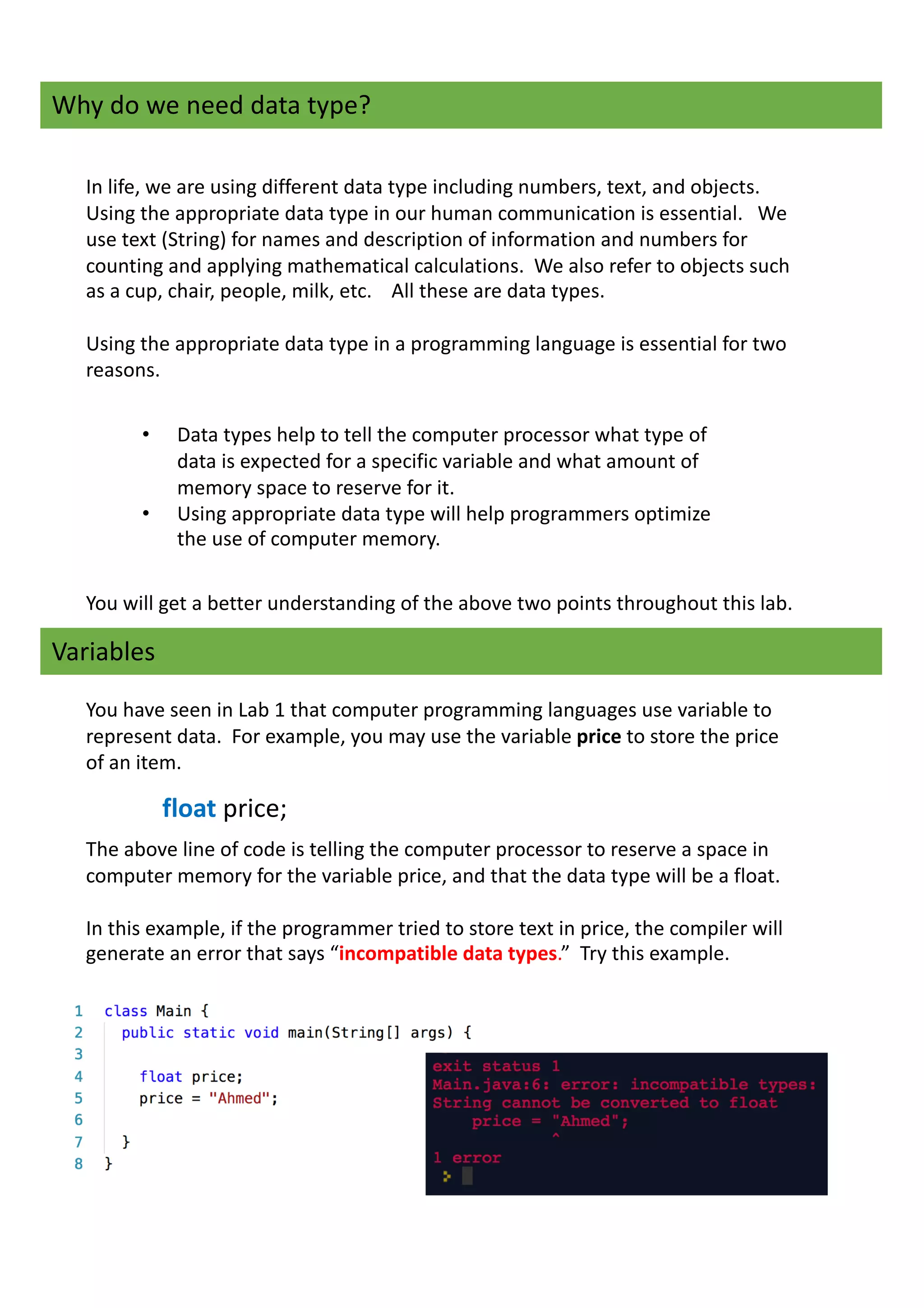 CIS 1403 Lab 2- Data Types and Variables | PDF
