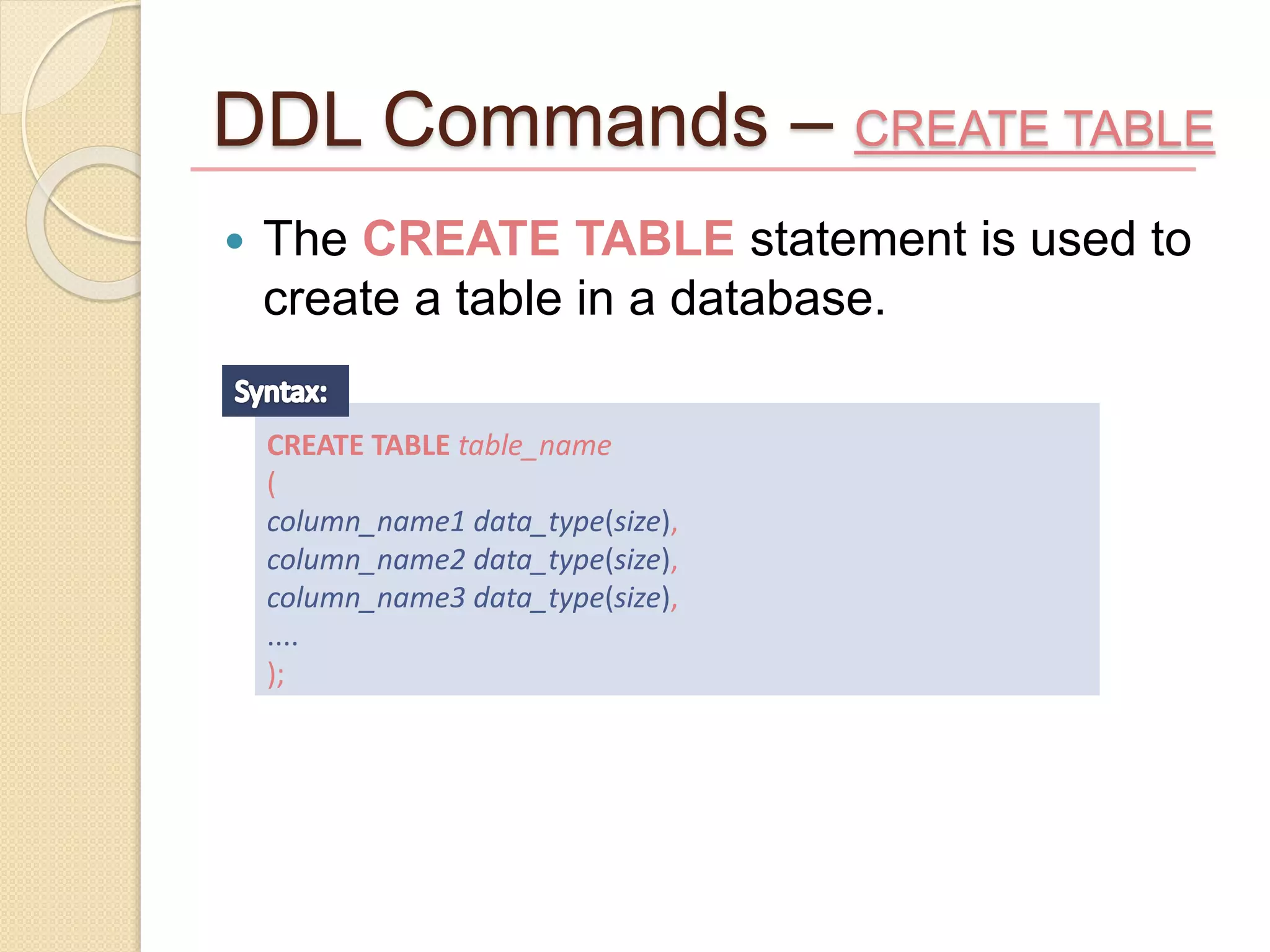 Lab2 ddl commands | PPTX | Databases | Computer Software and Applications