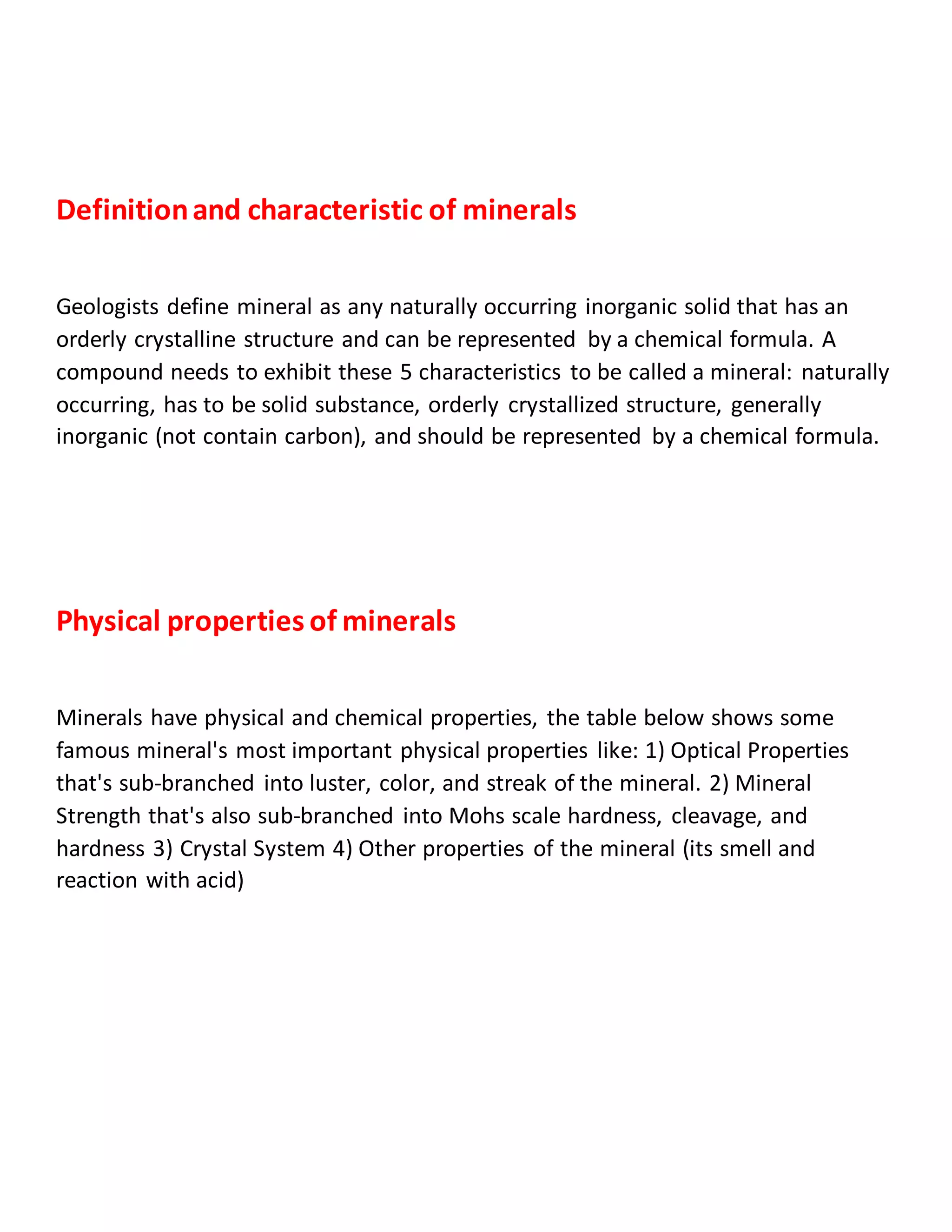 Physical Properties of different types of Minerals (Geology) | PDF