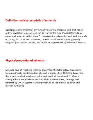 Physical Properties of different types of Minerals (Geology) | DOCX