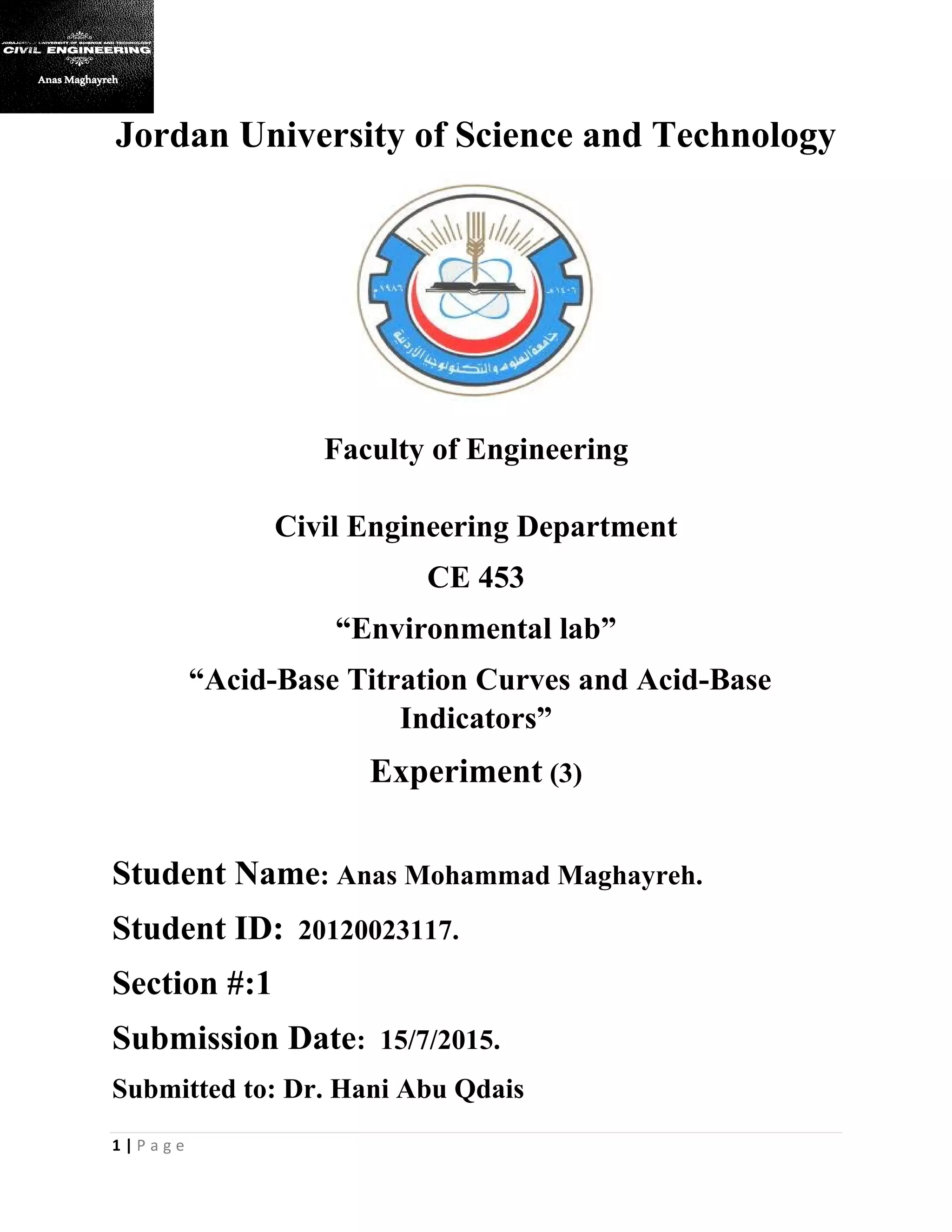Lab 3 acid base titration curves and acid_base indicators | PDF ...