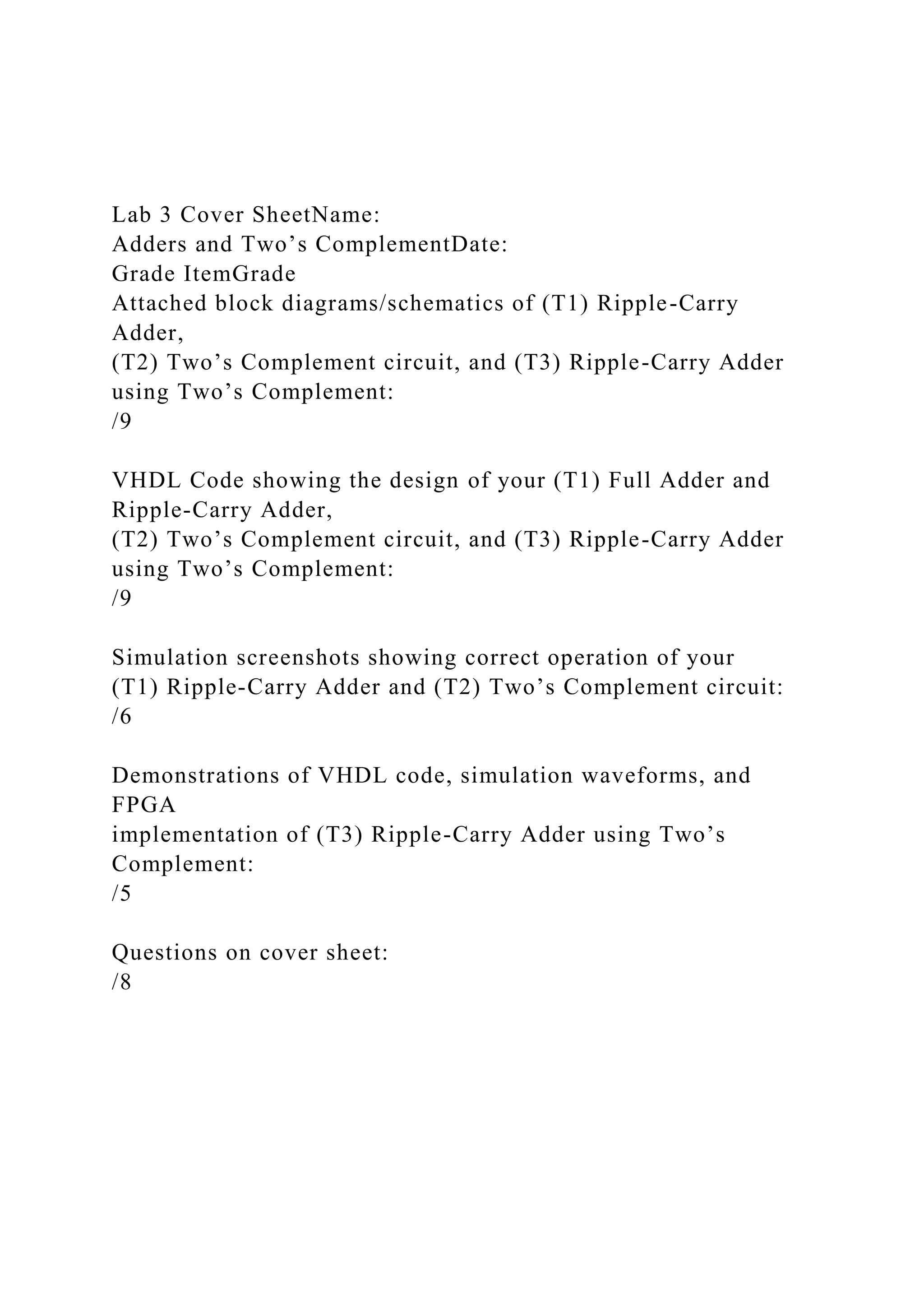 Lab 3 Cover SheetNameAdders and Two’s ComplementDateGrade .docx