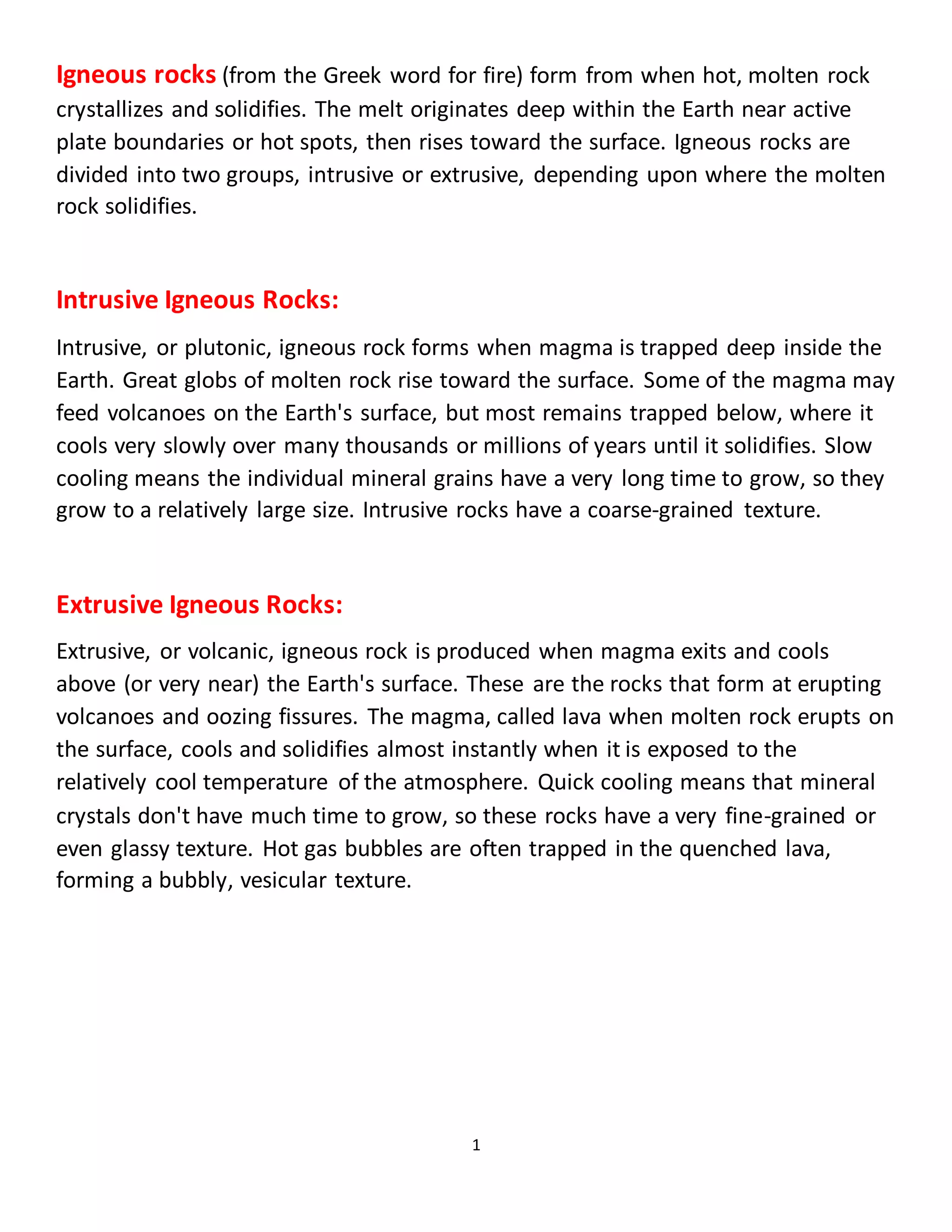 Physical Properties of different types of Igneous Rocks (Geology) | DOCX