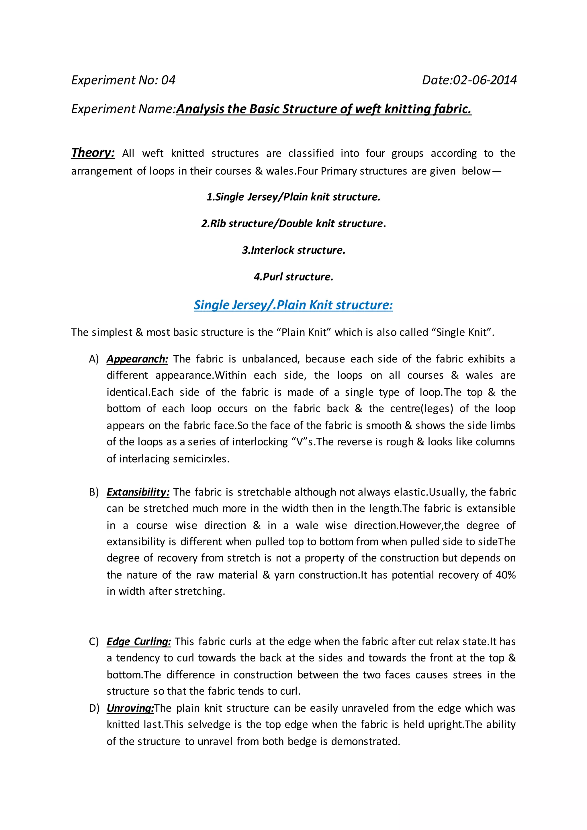Analysis the Basic Structure of weft knitting fabric. | DOCX