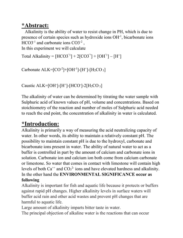 Lab 4 alkalinity –acidity and determination of alkalinity in water | PDF
