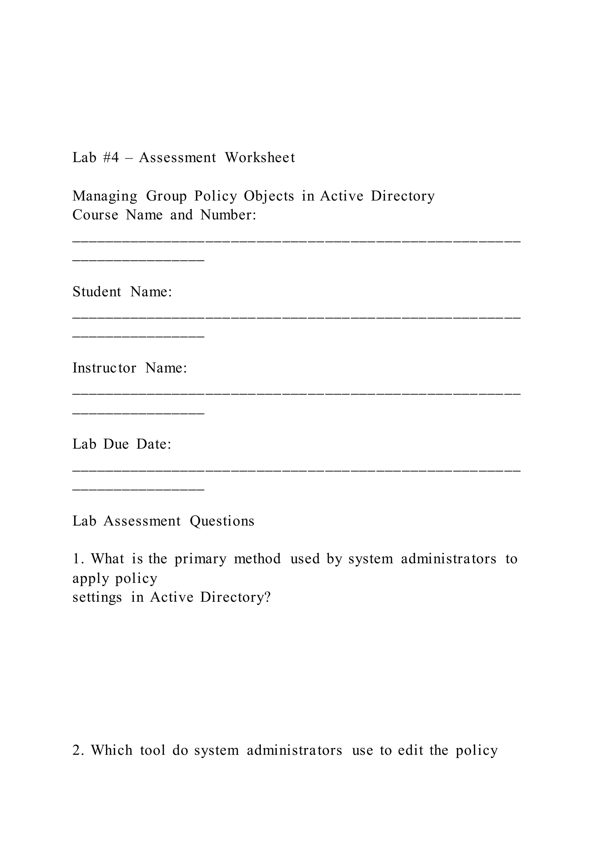 Lab #4 – Assessment Worksheet Managing Group Policy Object | PDF