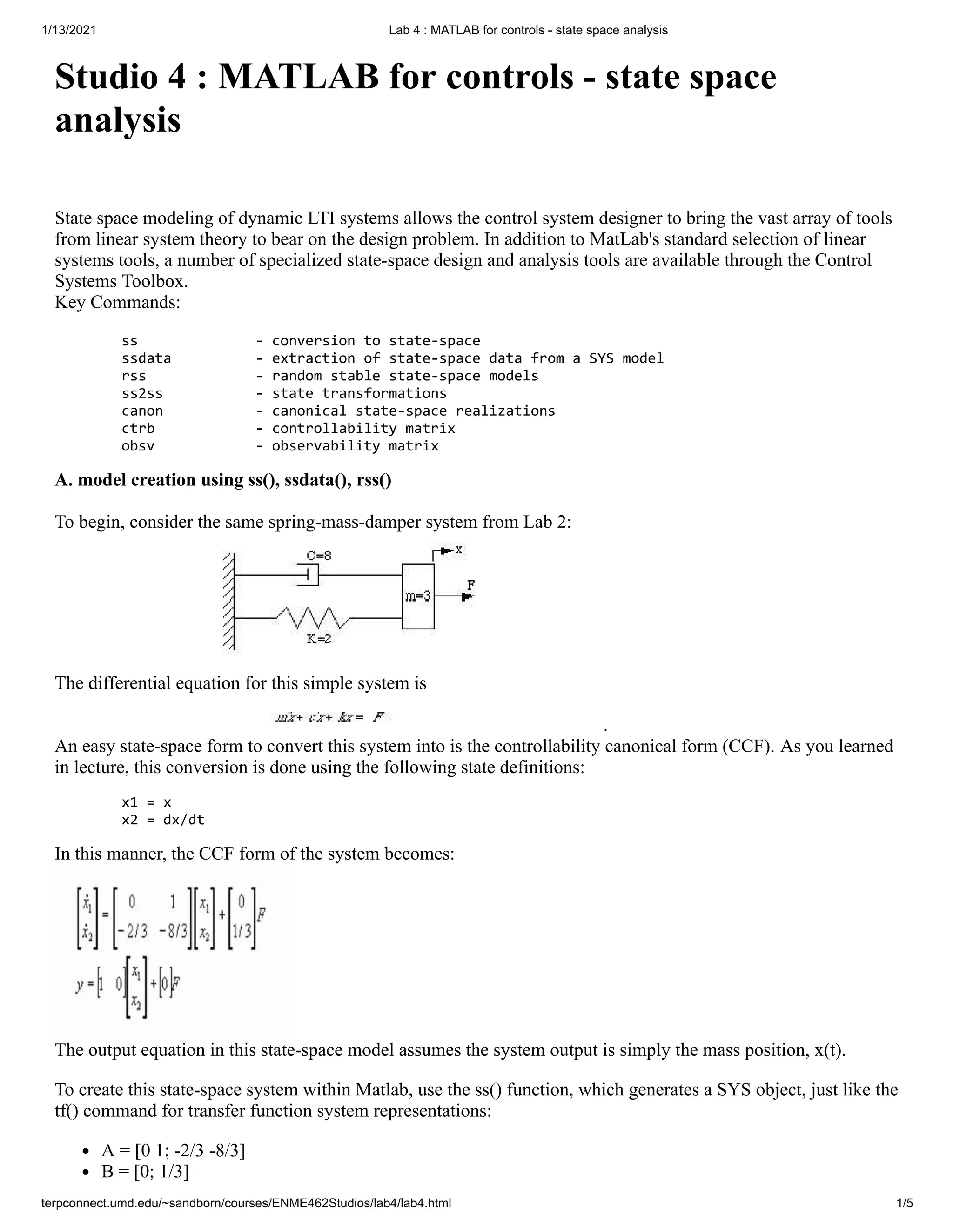 Lab 4 matlab for controls state space analysis | PDF