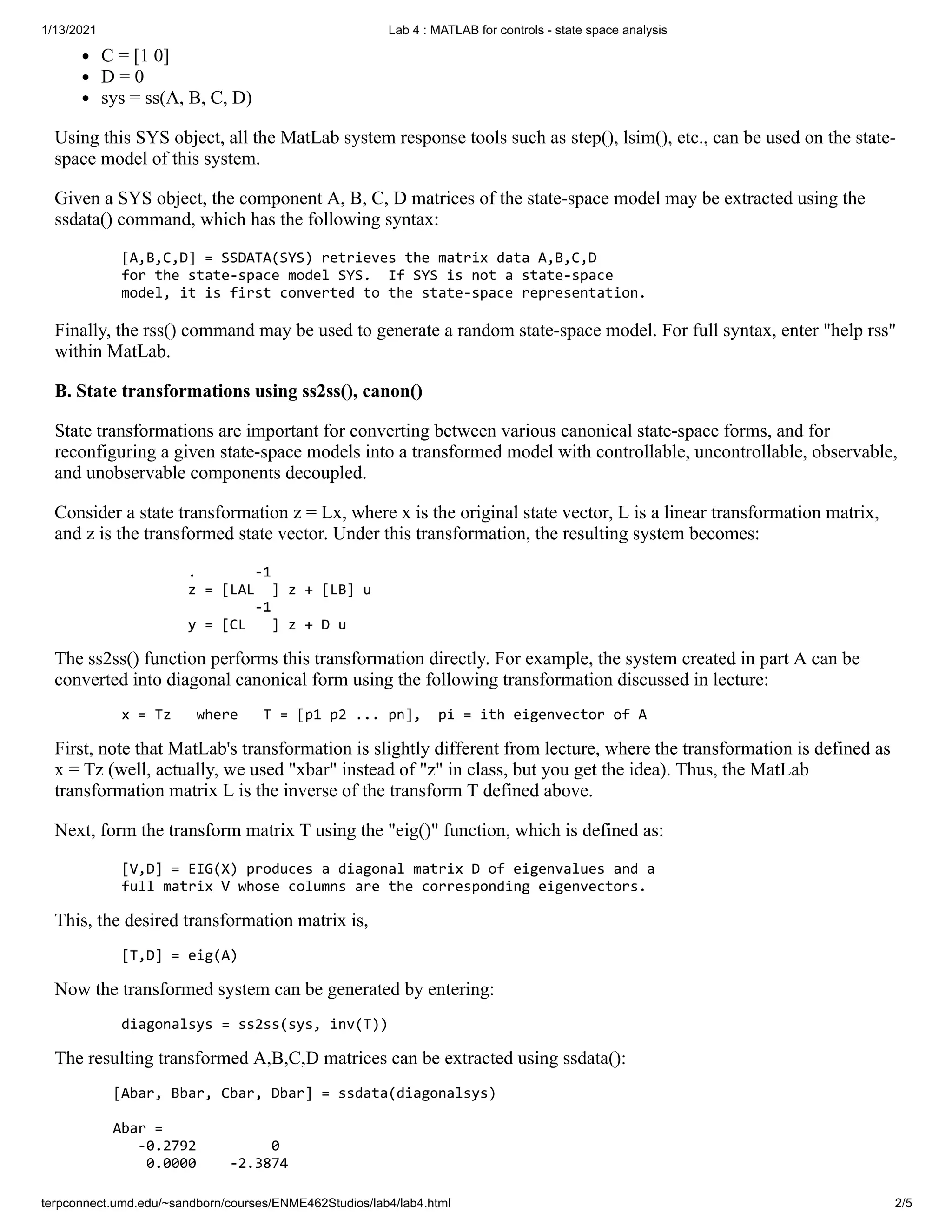 Lab 4 matlab for controls state space analysis | PDF