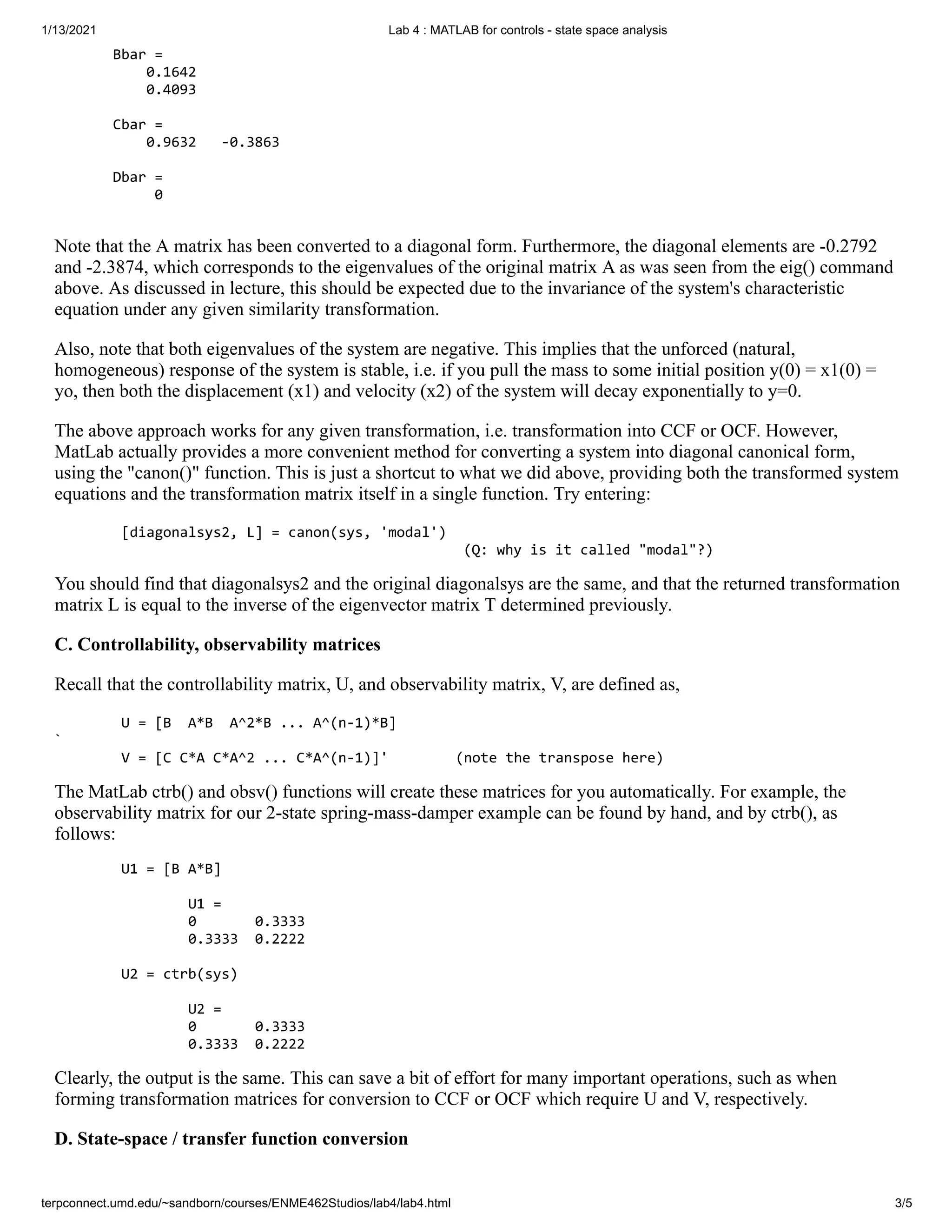 Lab 4 matlab for controls state space analysis | PDF