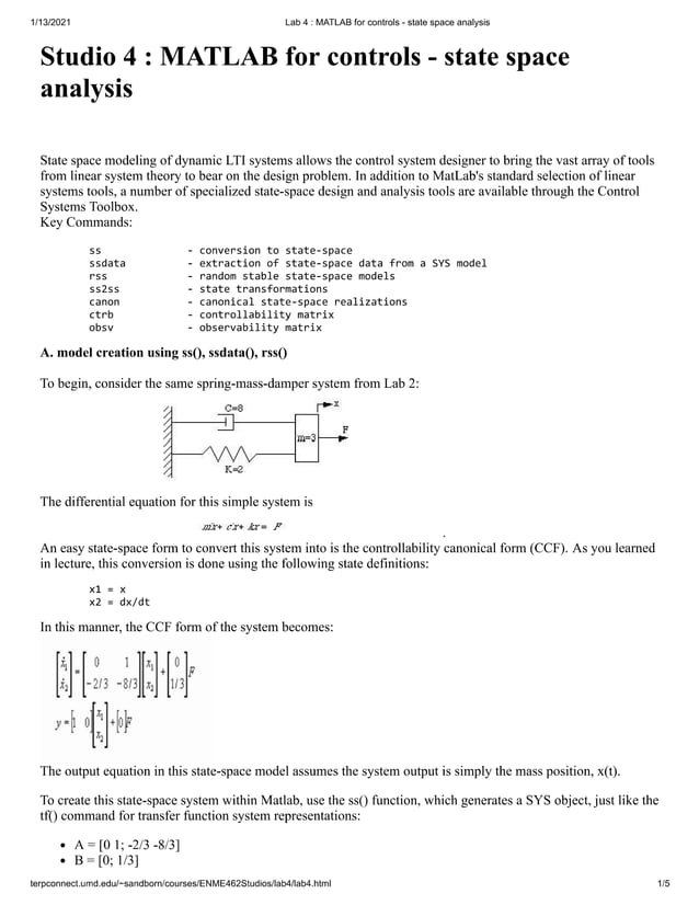 Lab 4 matlab for controls state space analysis | PDF