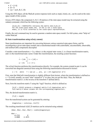 Lab 4 matlab for controls state space analysis | PDF