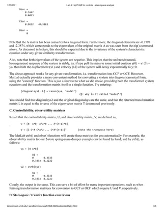Lab 4 matlab for controls state space analysis | PDF