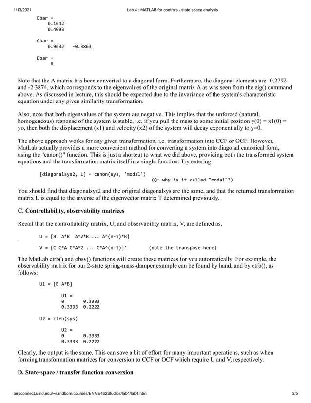 Lab 4 matlab for controls state space analysis | PDF
