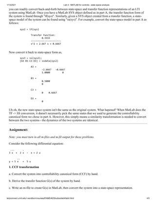 Lab 4 matlab for controls state space analysis | PDF