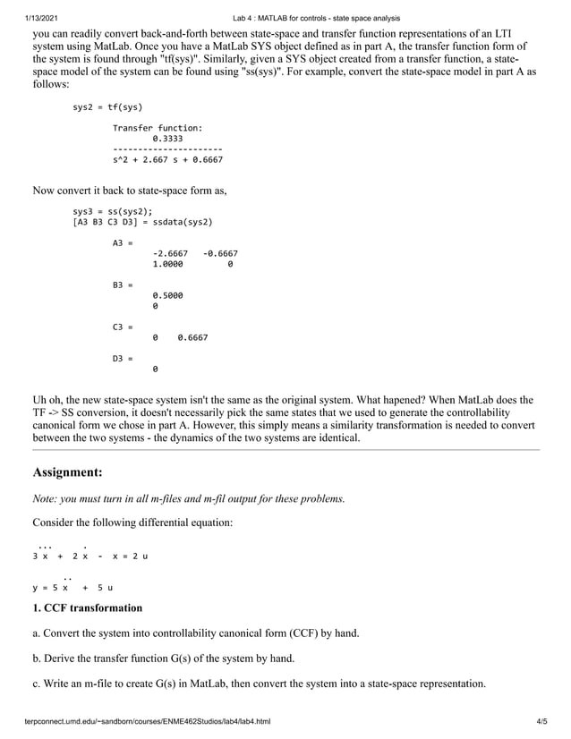 Lab 4 matlab for controls state space analysis | PDF