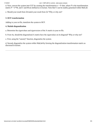 Lab 4 matlab for controls state space analysis | PDF