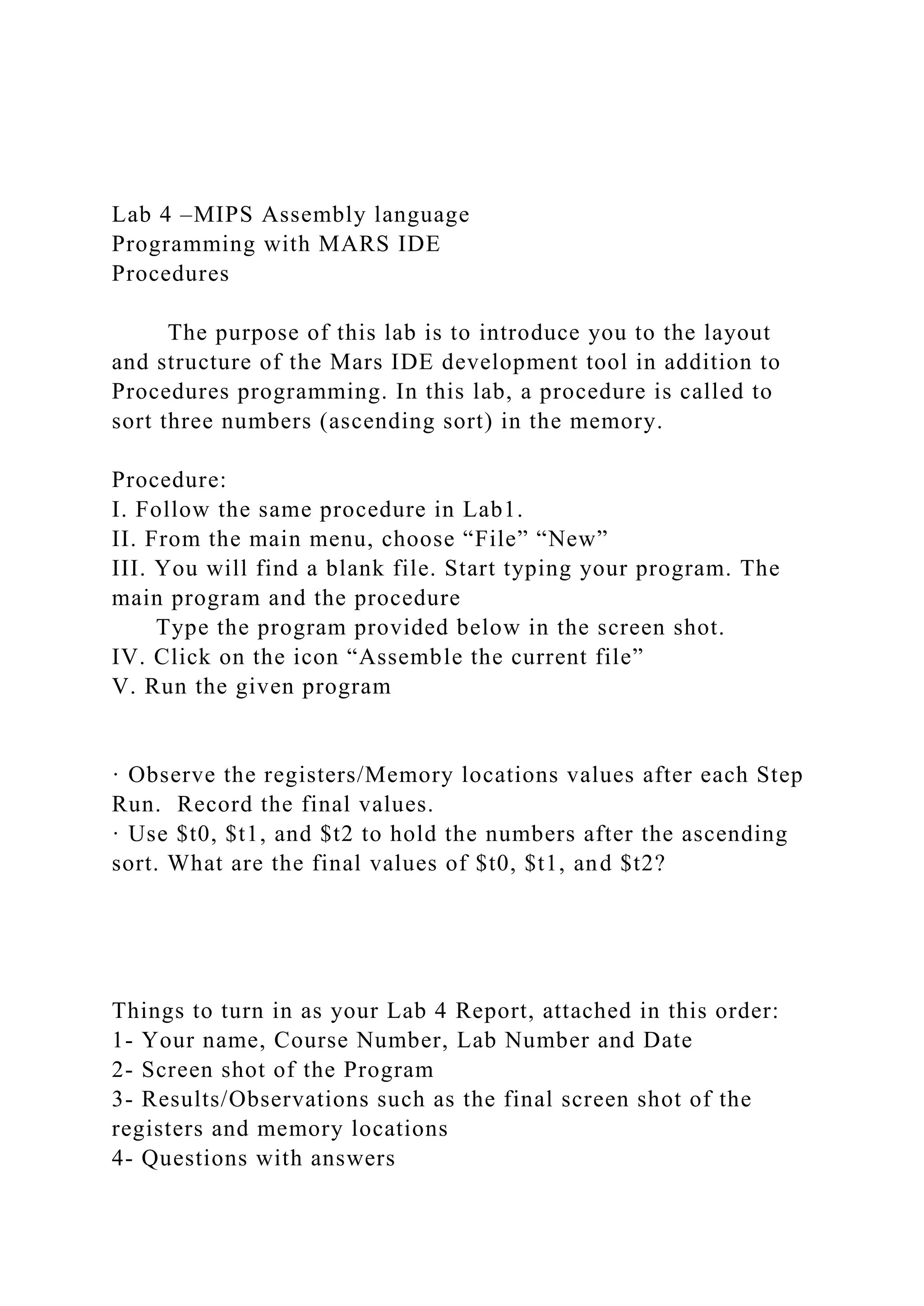 Lab 4 Mips Assembly Languageprogramming With Mars Ideproceddocx 6792