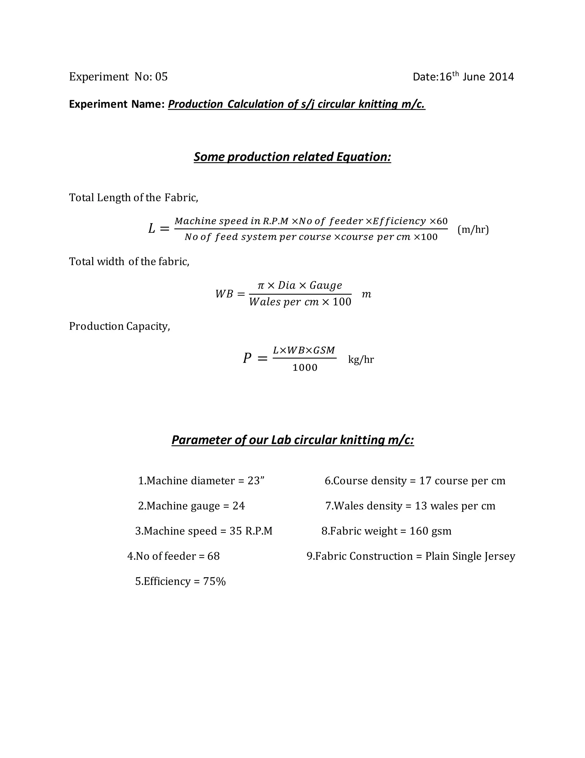 Production Calculation of s/j circular knitting m/c. | DOCX