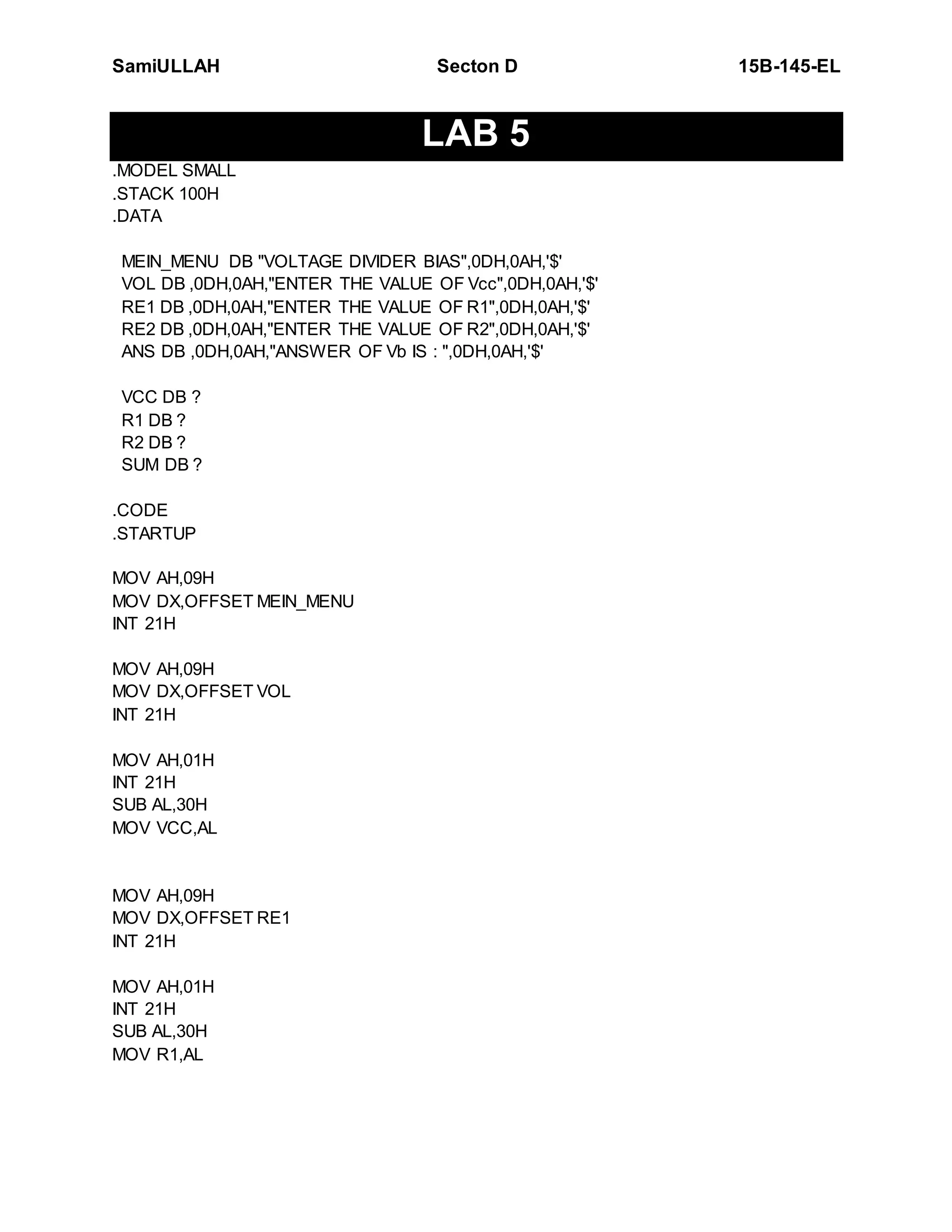Assembly Language Voltage Divider Bias Program 8086 | PDF