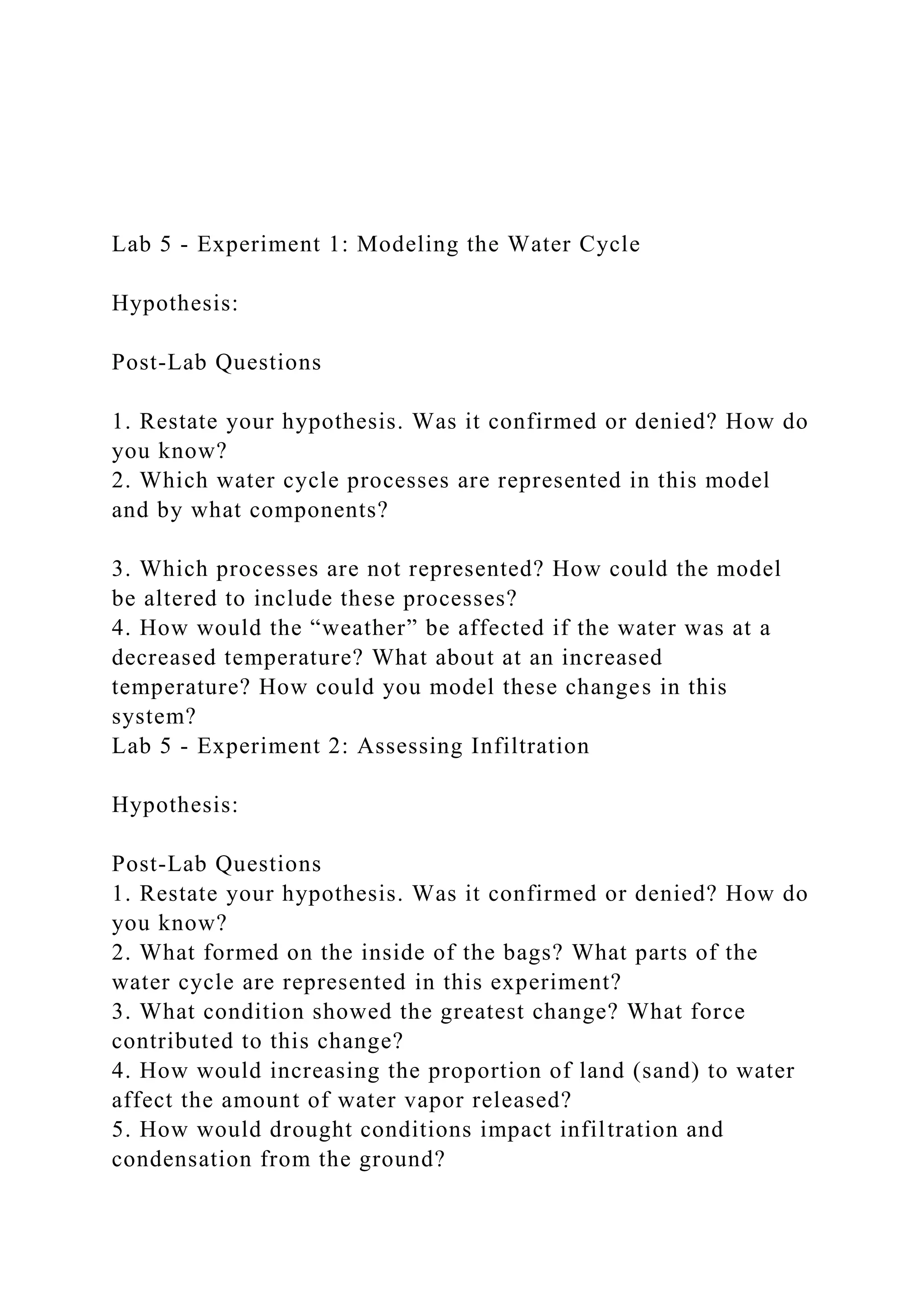 Lab 5 - Experiment 1 Modeling the Water CycleHypothesis.docx
