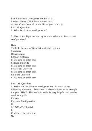 Lab 5 electron configuration chem101l student name click here to | DOCX ...