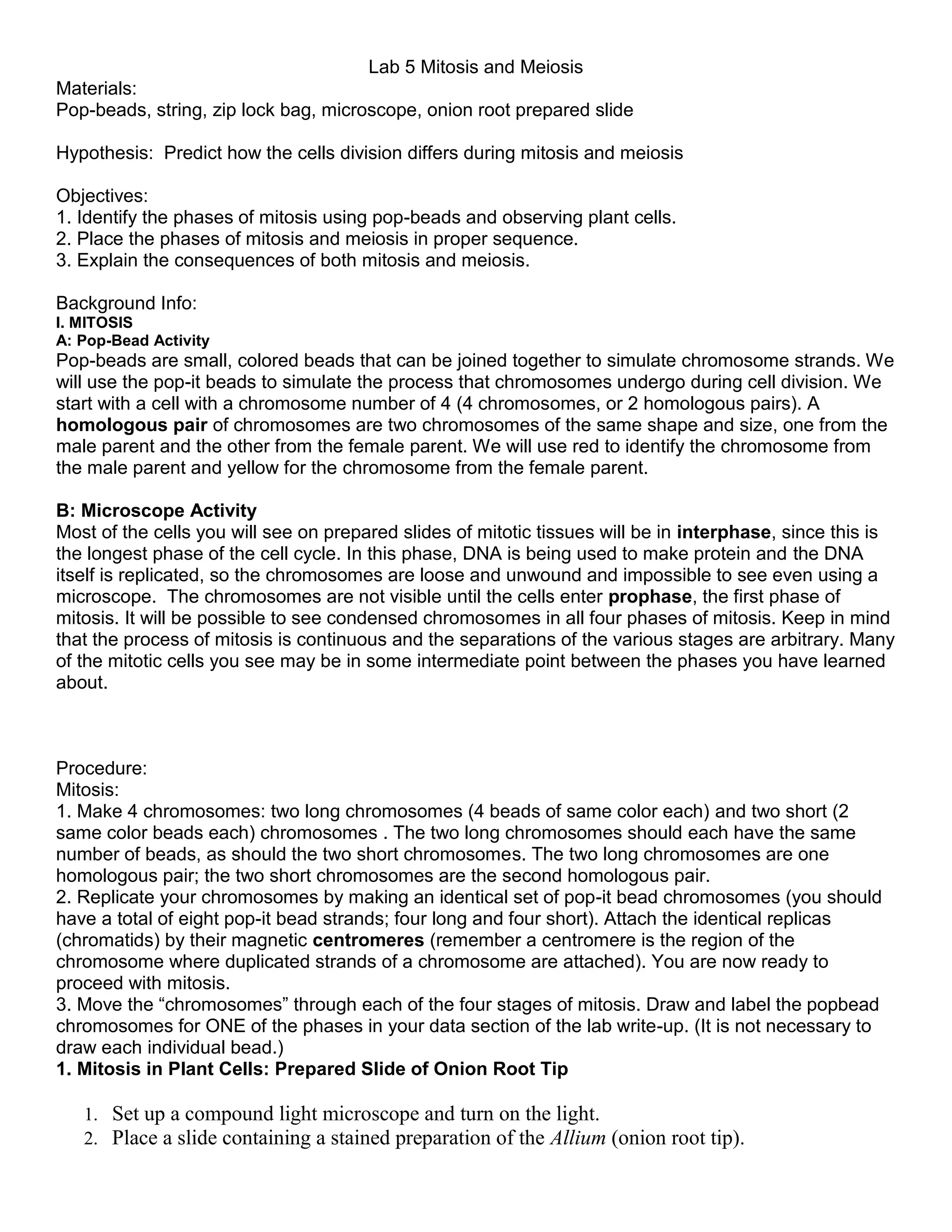 Lab 5 mitosis and meiosis | PDF