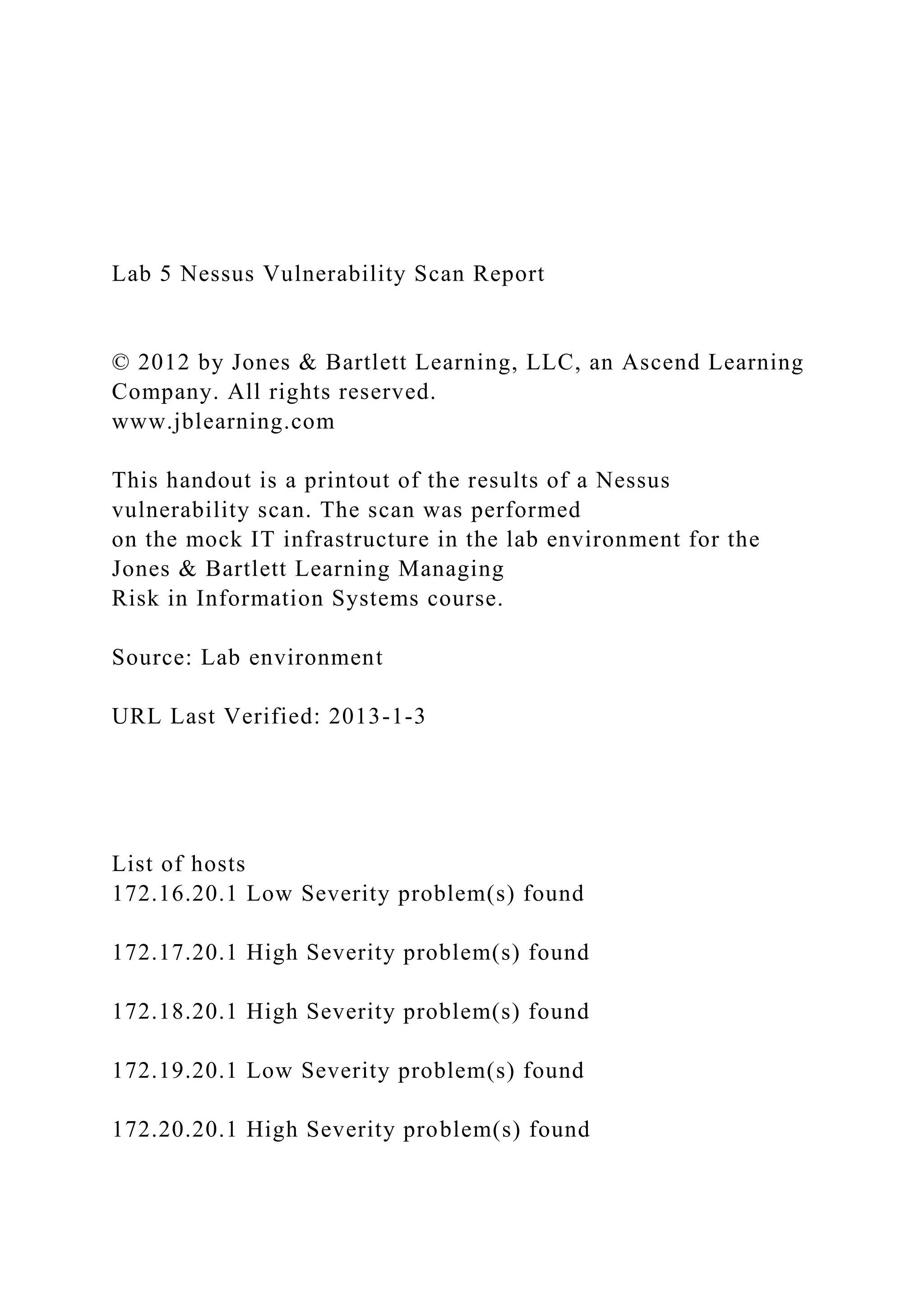 Lab 5 Nessus Vulnerability Scan Report © 2012 By Jone Docx