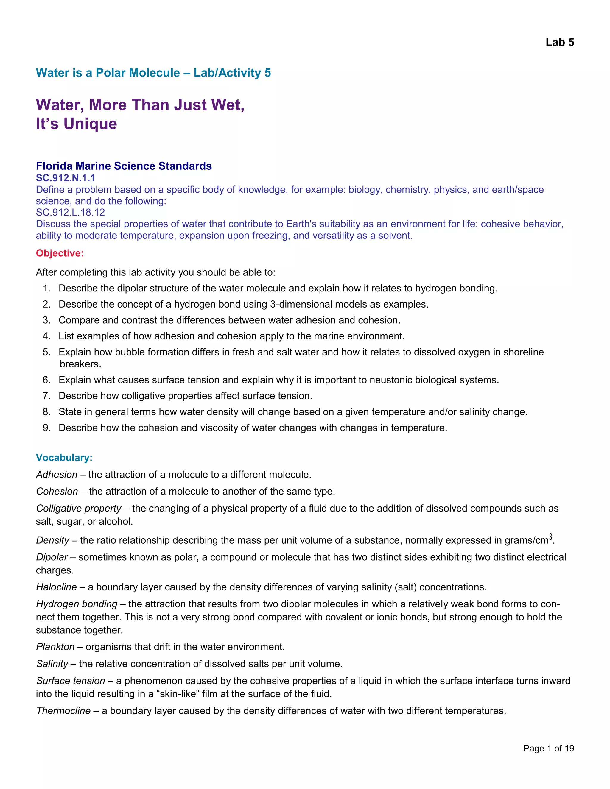 Lab 5 waters unique properties | PDF