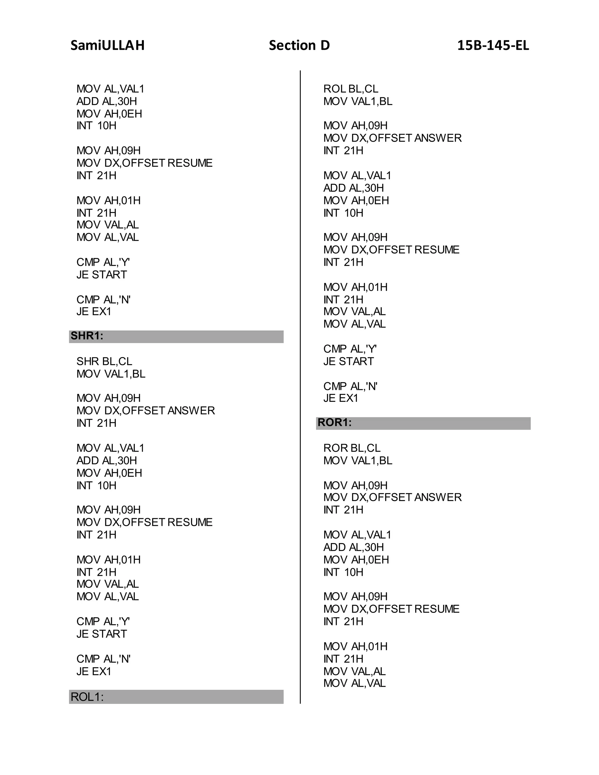 ROL ROR SHL SHR Assembly Language Programmin 8086 | PDF