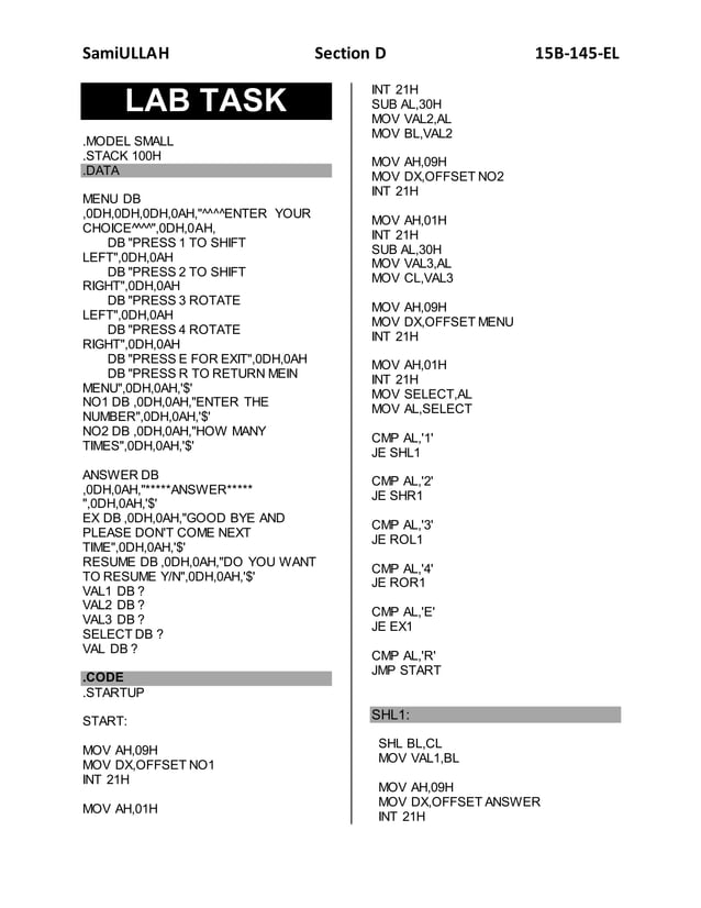 ROL ROR SHL SHR Assembly Language Programmin 8086 | PDF
