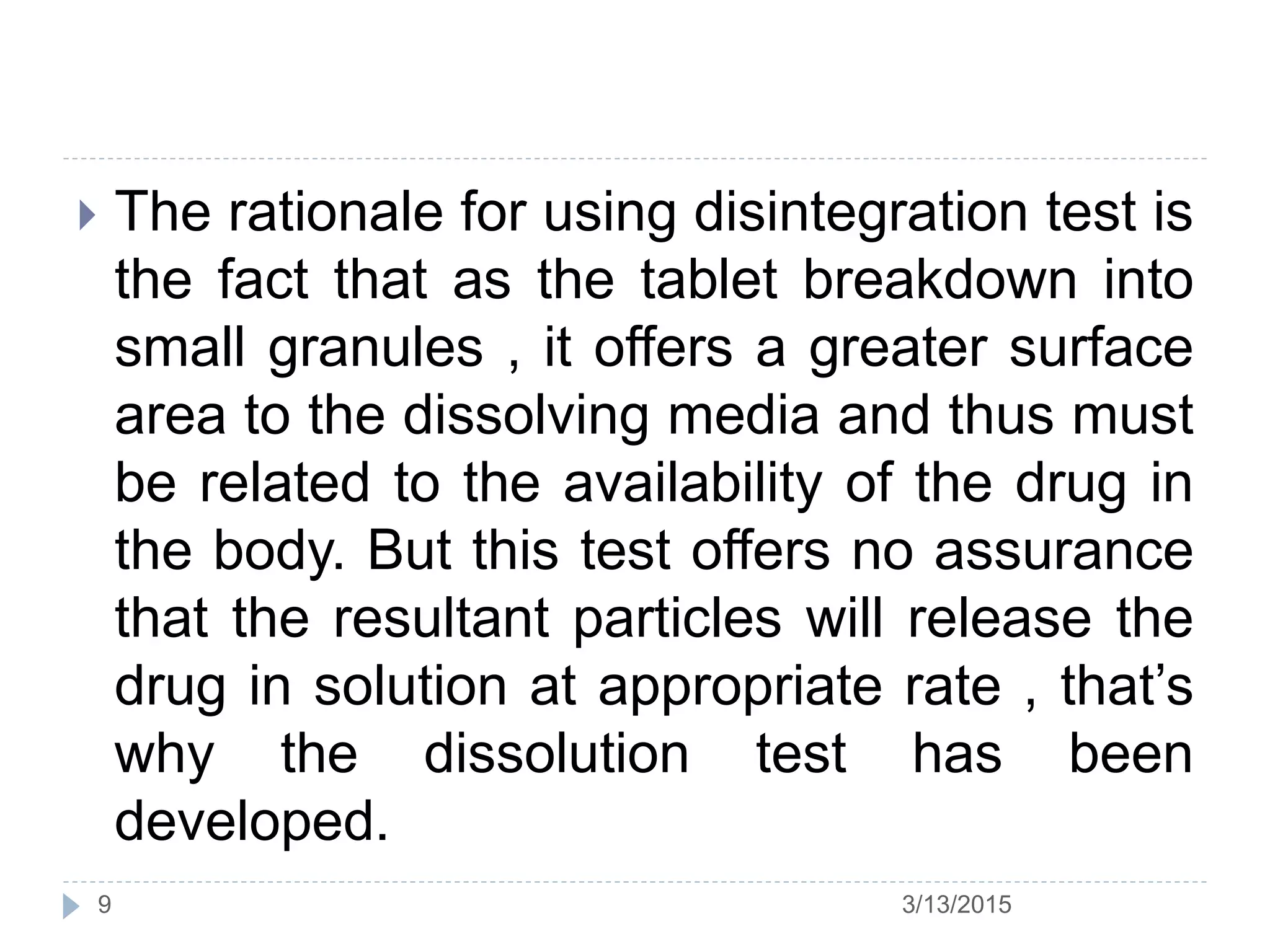 Disintegration and dissolution tests | PPTX