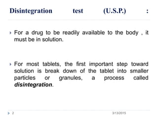 Disintegration and dissolution tests | PPTX