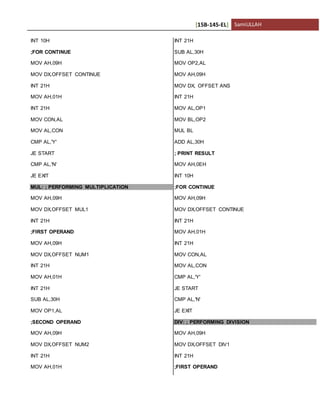 Calculator 8086 Assembly Language Programming | DOCX