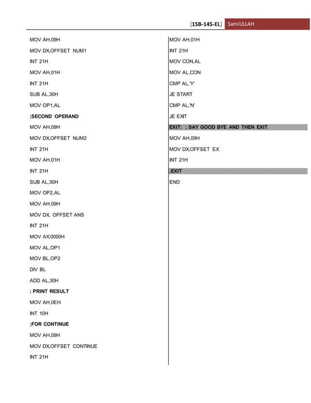 Calculator 8086 Assembly Language Programming | DOCX