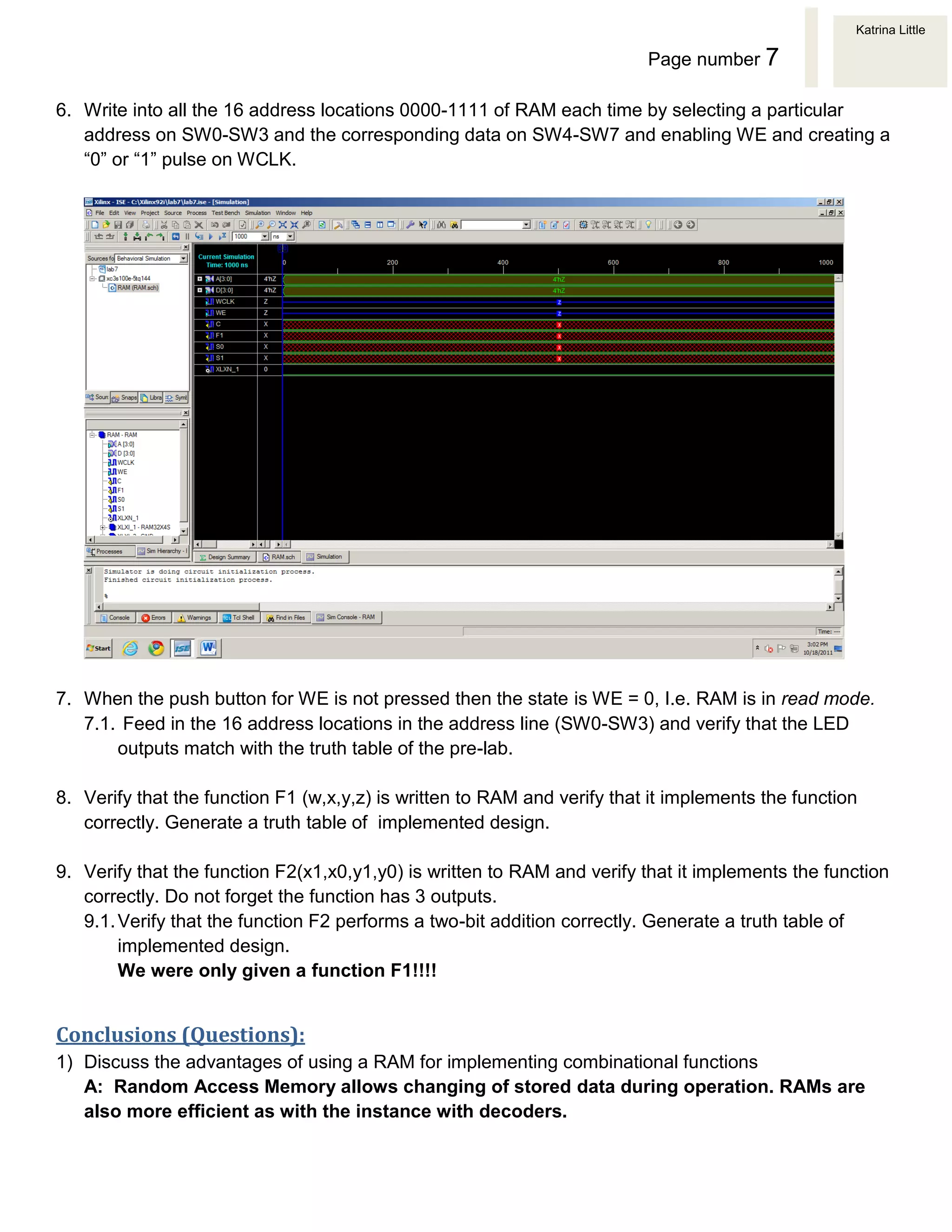 Lab 7 -RAM and ROM, Xilinx, Digelent BASYS experimentor board | PDF