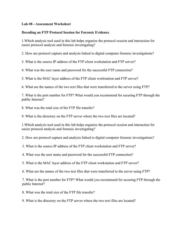 Lab #8 - Assessment Worksheet Decoding an FTP Protocol Session for Fo.pdf