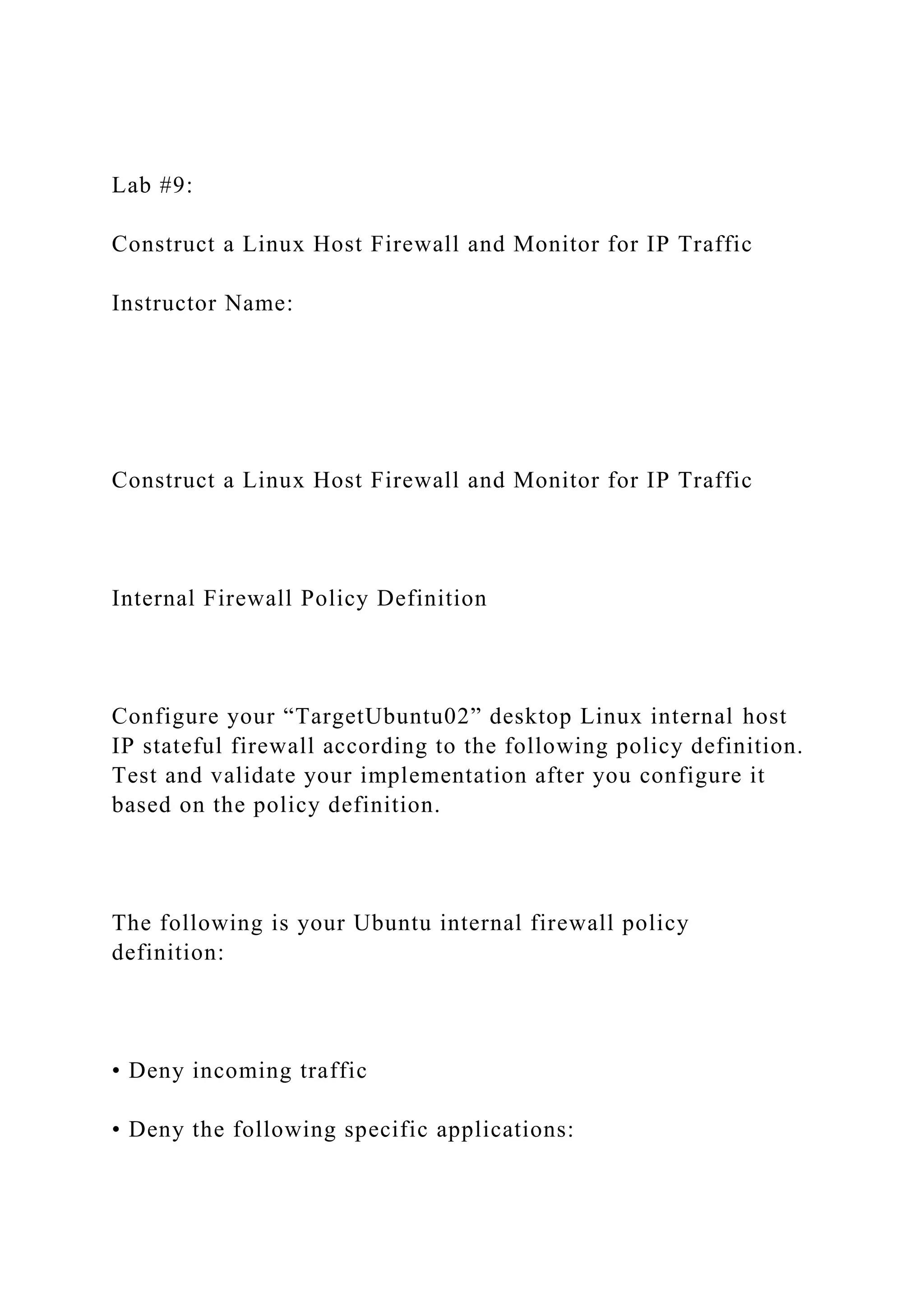 Lab #9 Construct a Linux Host Firewall and Monitor for IP Tra.docx
