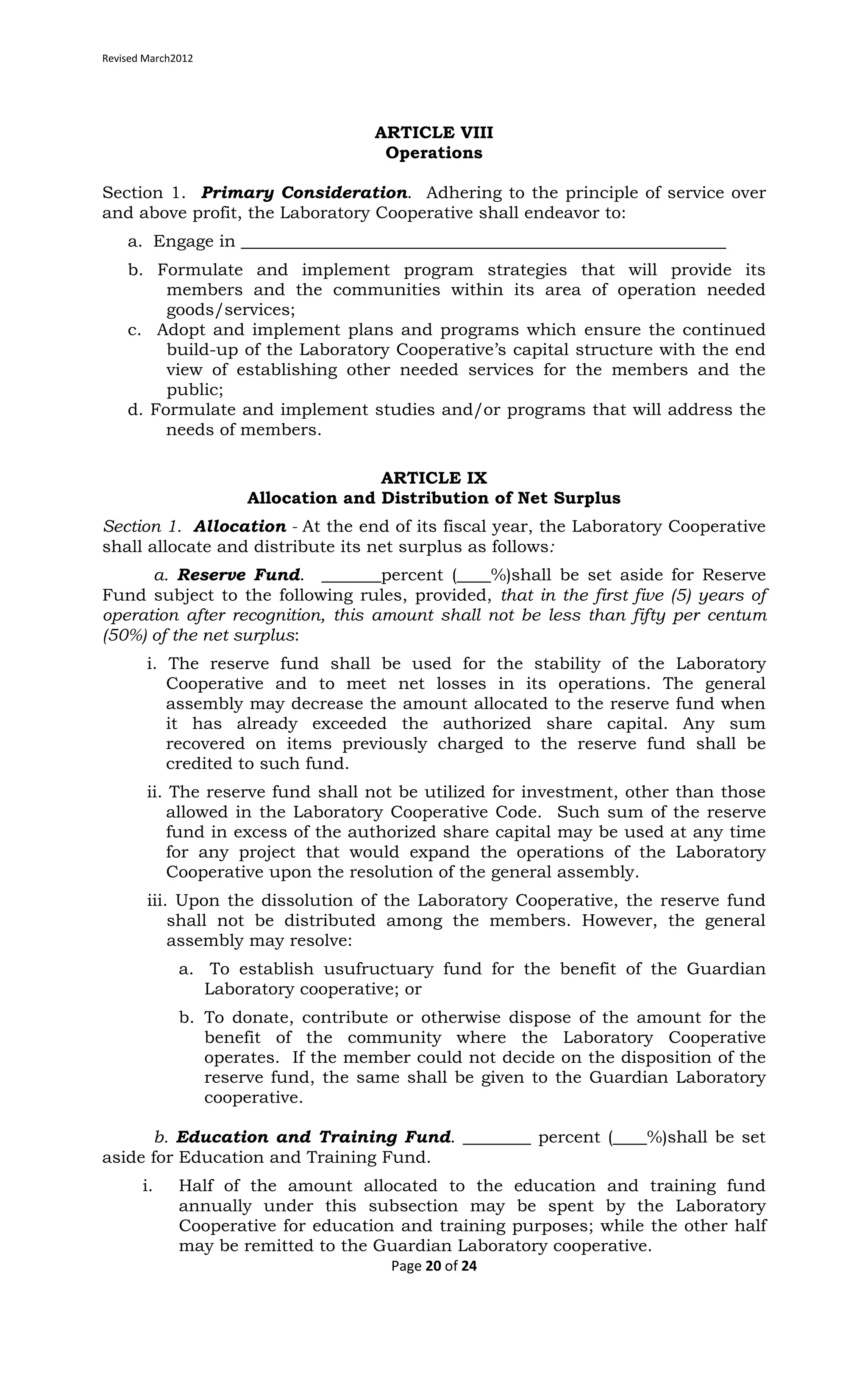 Laboratory Cooperative Article of Cooperation and By Laws Template | PDF