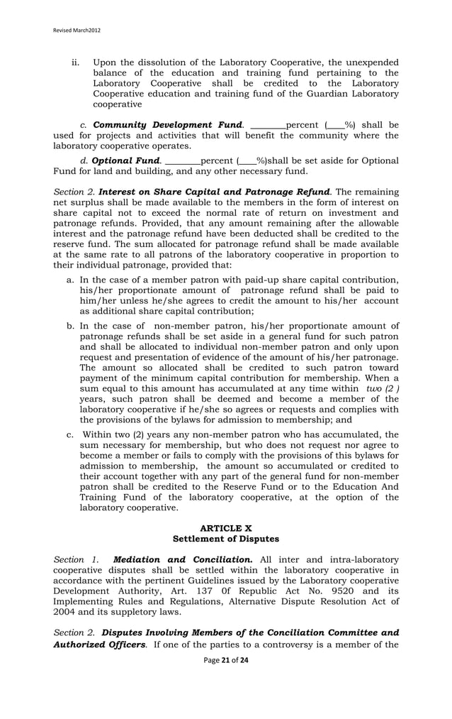 Laboratory Cooperative Article of Cooperation and By Laws Template | PDF