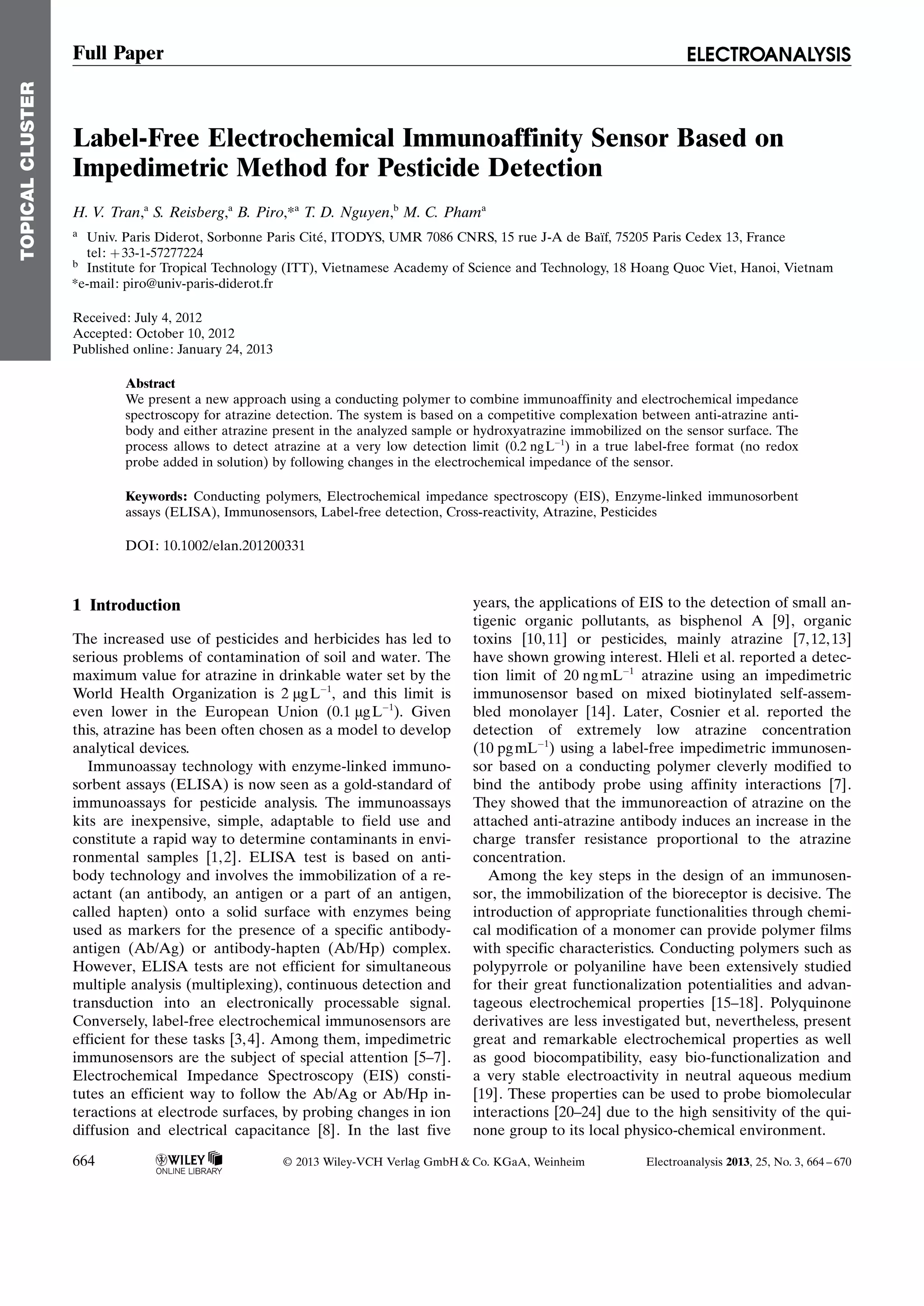 Label free electrochemical immunoaffinity sensor based on impedimetric ...